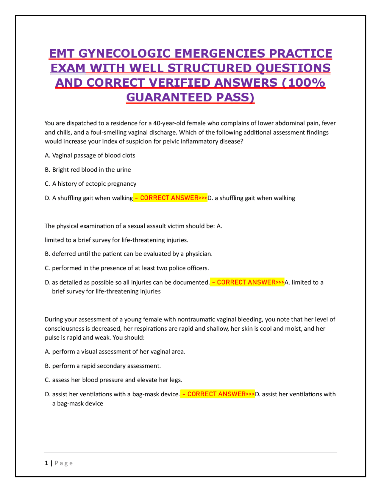 EMT GYNECOLOGIC EMERGENCIES PRACTICE EXAM WITH WELL STRUCTURED ...