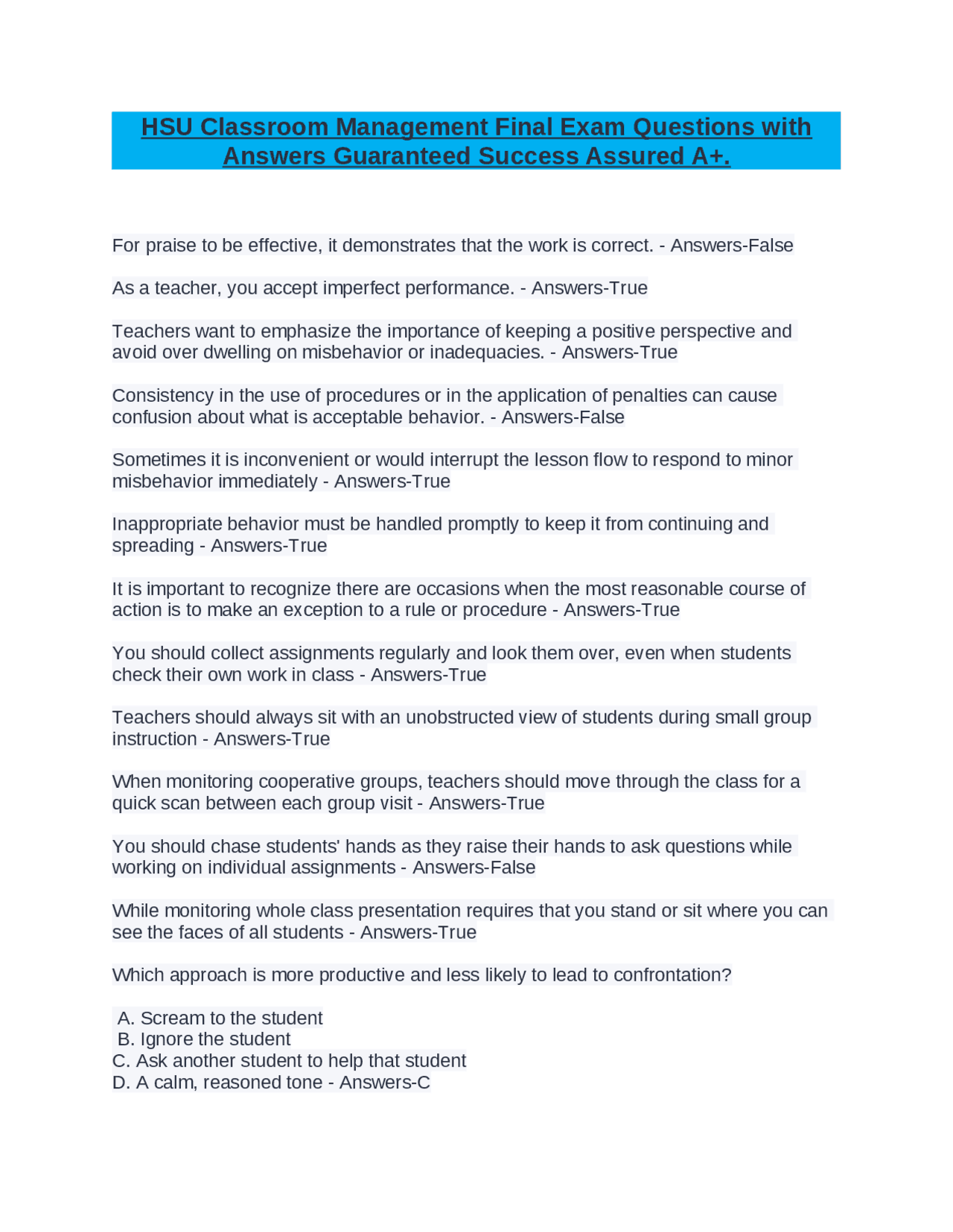 Classroom Management Exam Questions and Answers: Effective Teaching ...