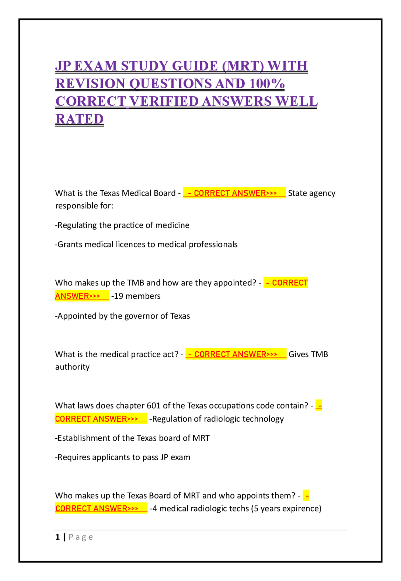 JP EXAM STUDY GUIDE (MRT) WITH REVISION QUESTIONS AND 100% CORRECT ...