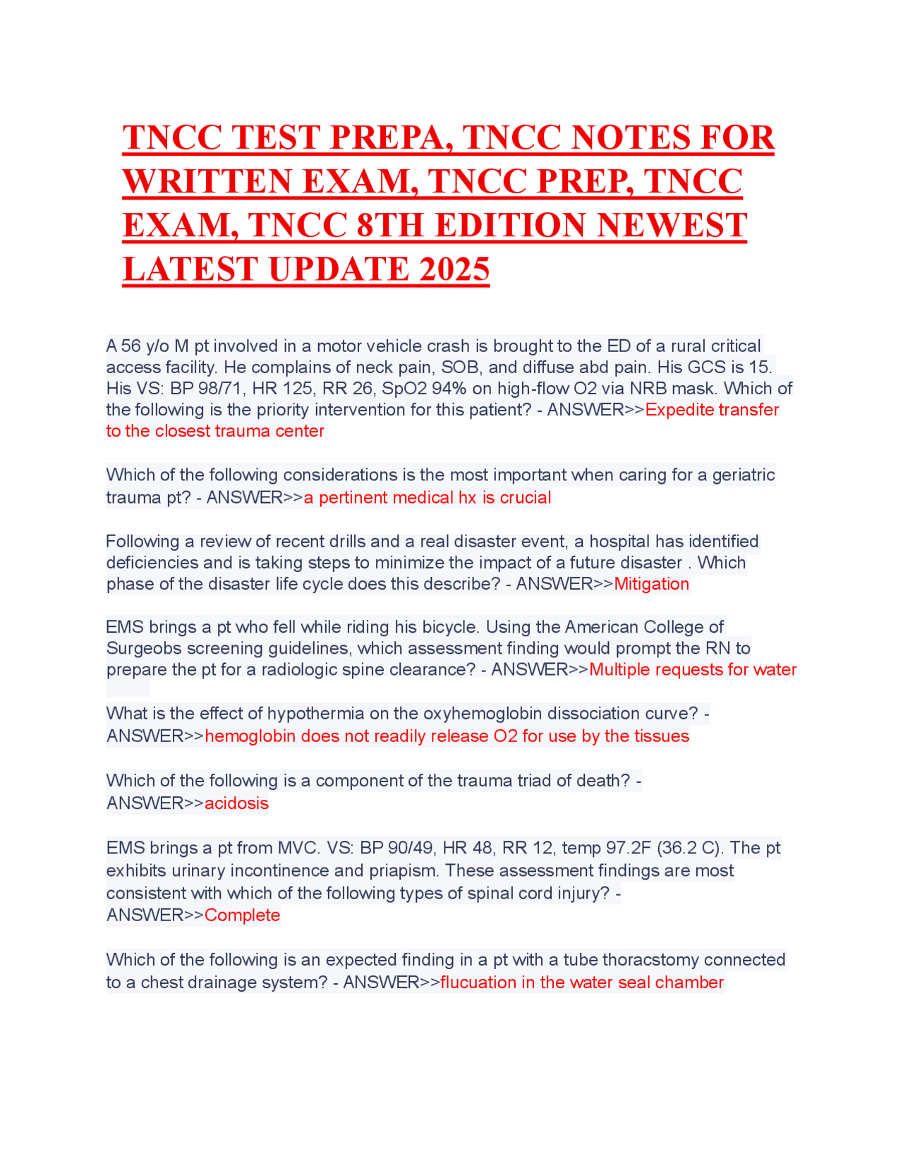 TNCC TEST PREPA, TNCC NOTES FOR WRITTEN EXAM, TNCC PREP, TNCC EXAM ...