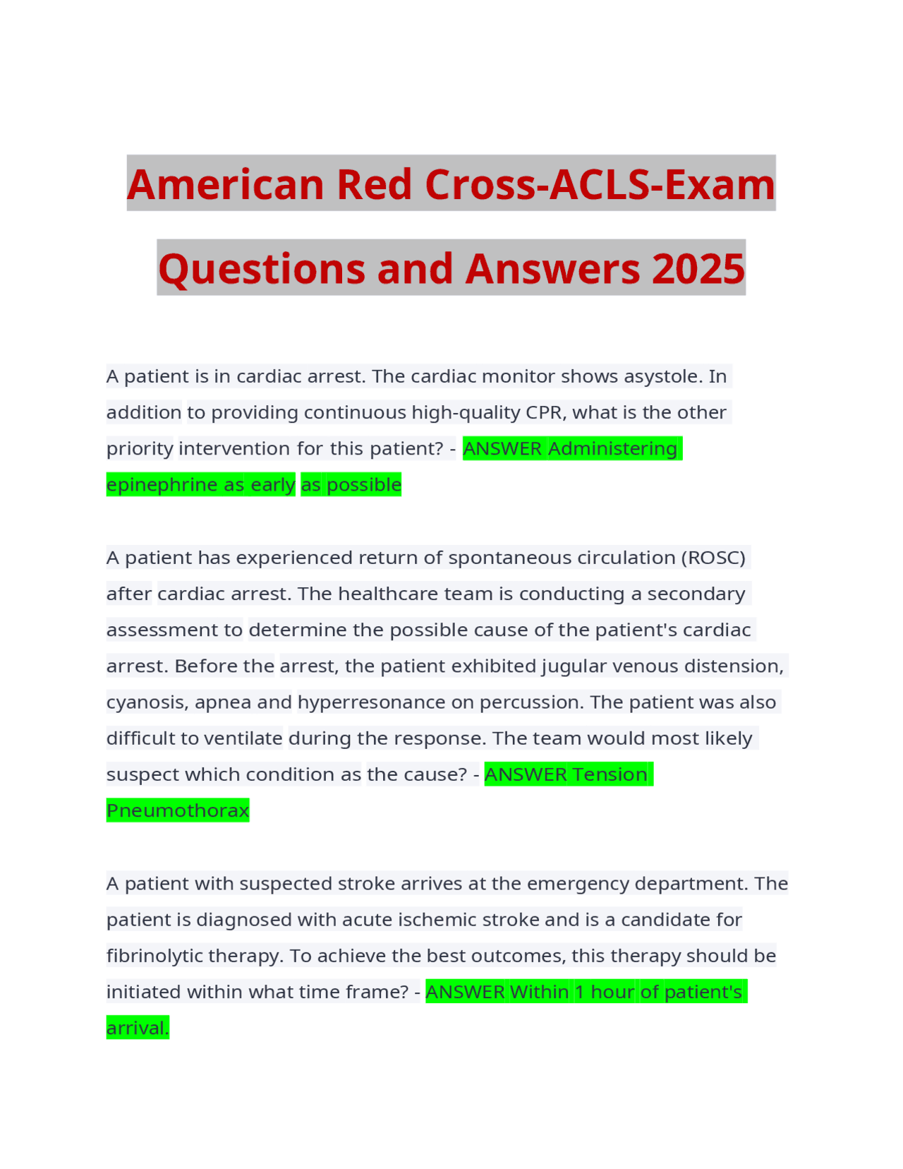 American Red Cross-ACLS-Exam Questions and Answers 2025 | Exams Nursing ...