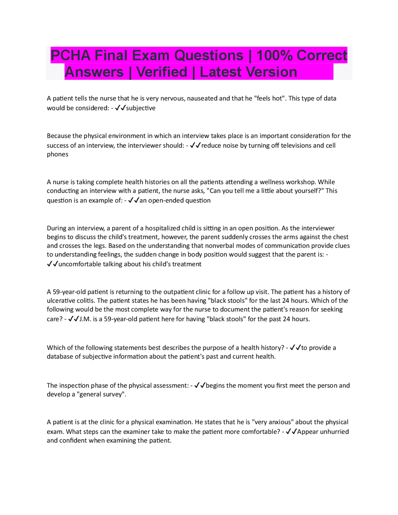 PCHA Final Exam Questions | 100% Correct Answers | Verified | Latest ...