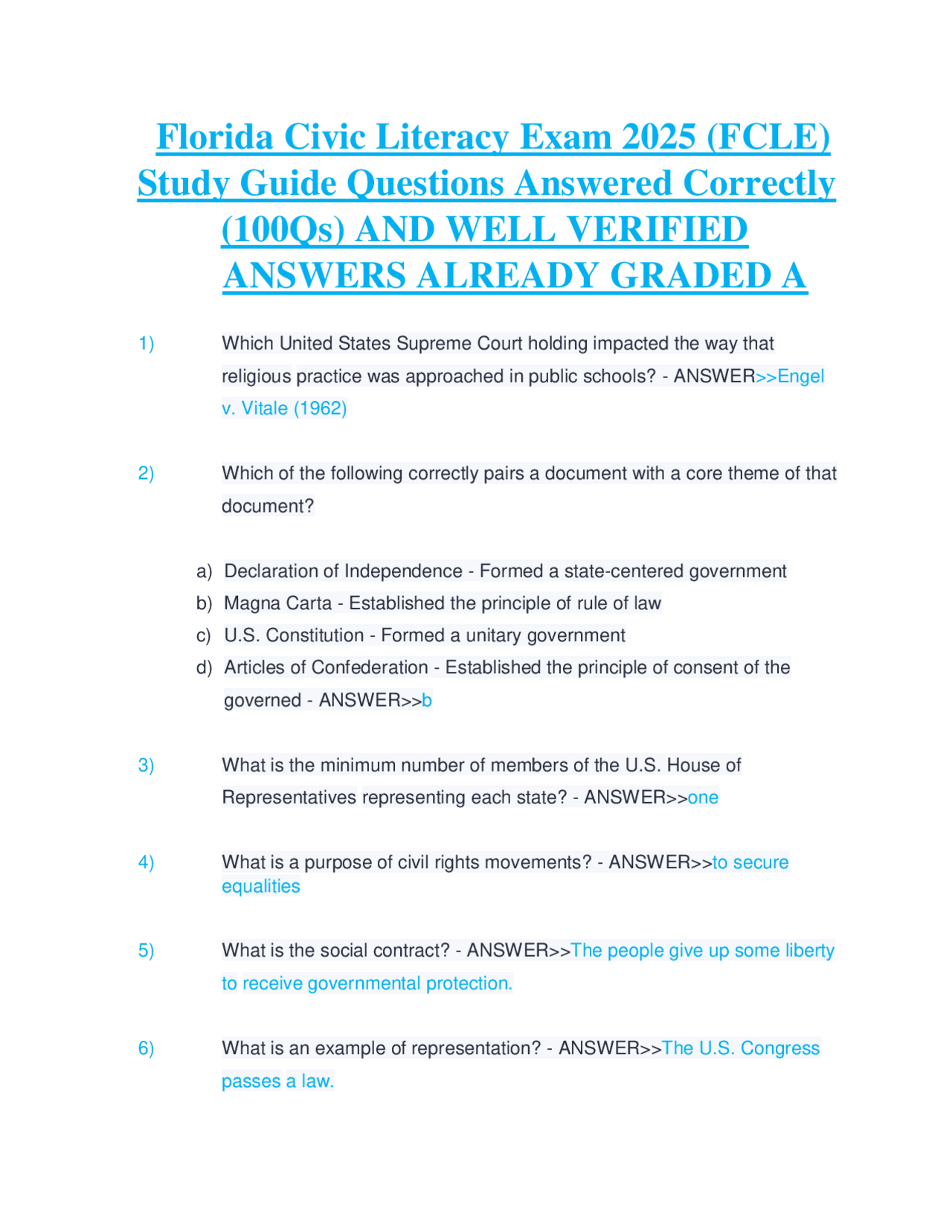 Florida Civic Literacy Exam 2025 (FCLE) Study Guide Questions Answered ...