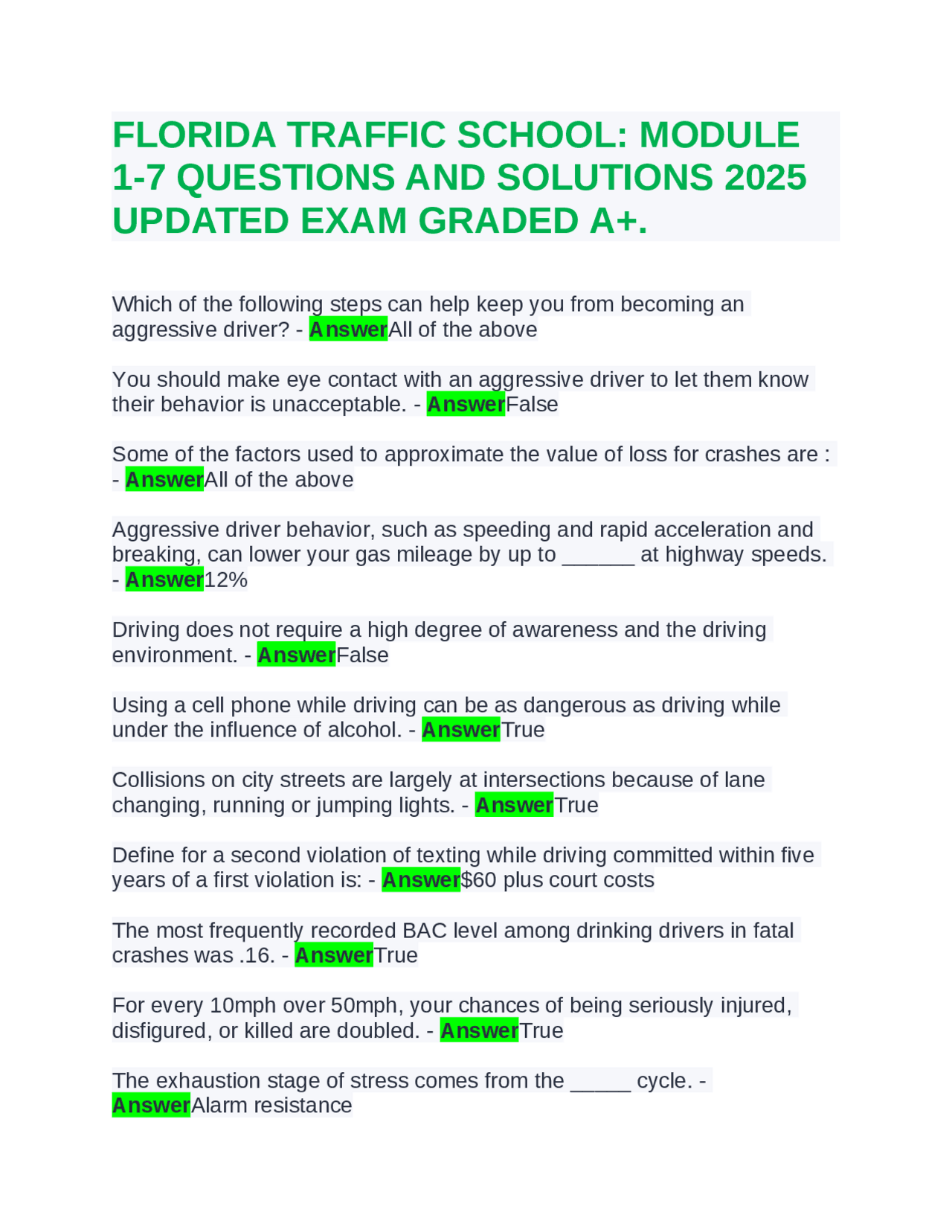 FLORIDA TRAFFIC SCHOOL: MODULE 1-7 QUESTIONS AND SOLUTIONS 2025 UPDATED ...