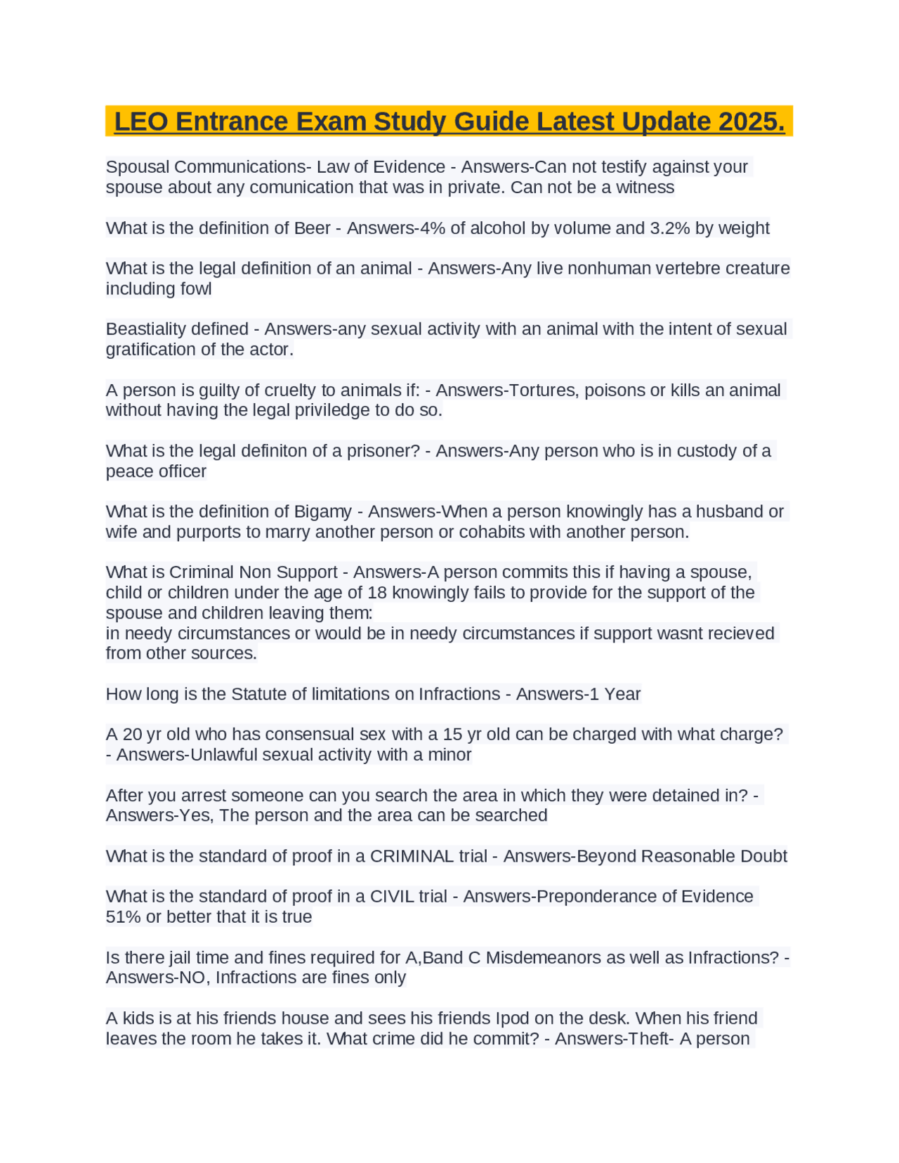 LEO Entrance Exam Study Guide Latest Update 2025. | Exams Nursing | Docsity