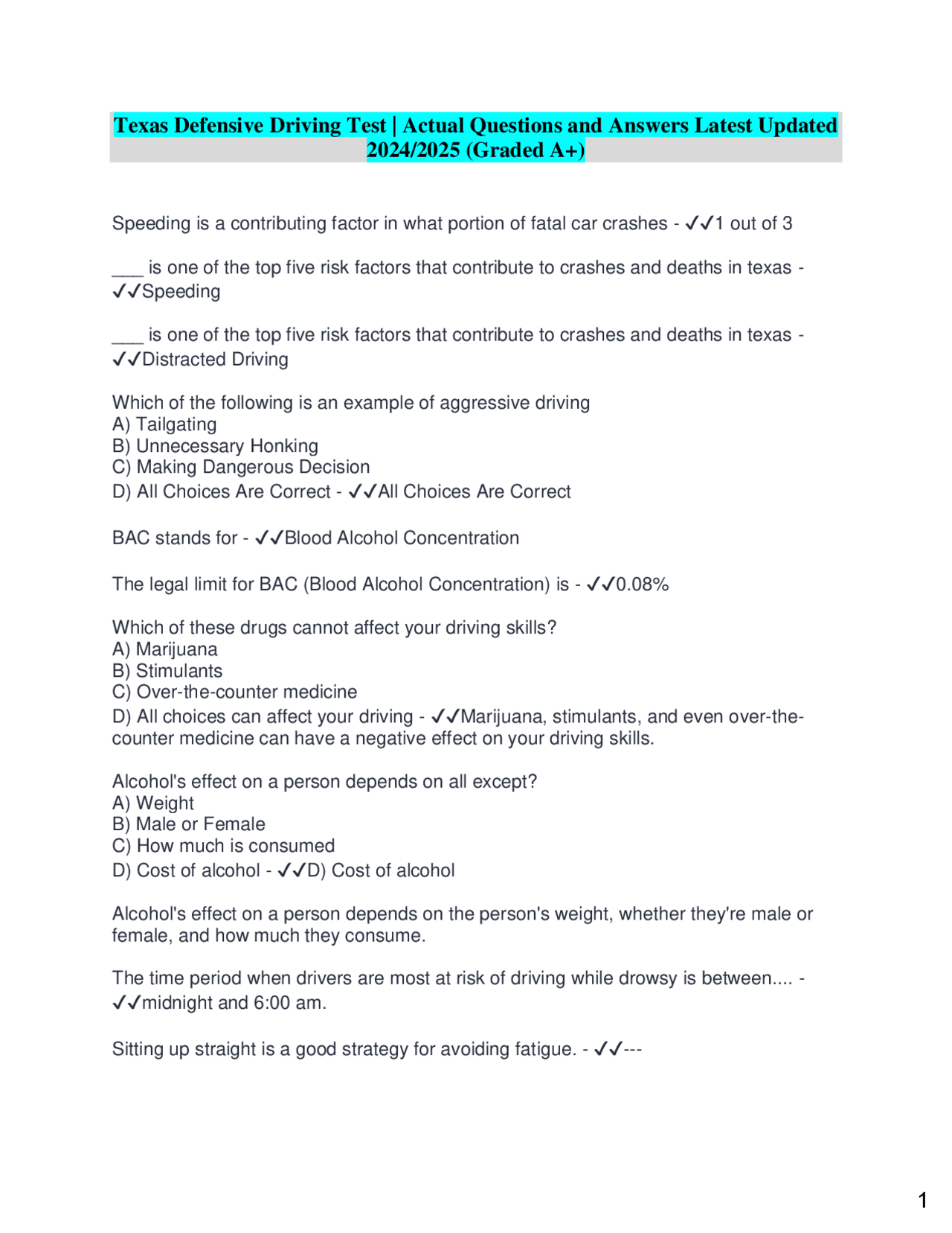 Texas Defensive Driving Test | Actual Questions and Answers Latest ...