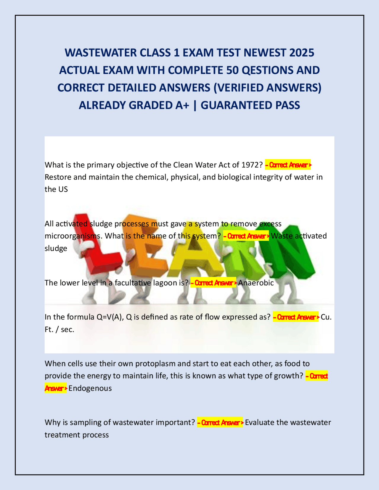 WASTEWATER CLASS 1 EXAM TEST NEWEST 2025 ACTUAL EXAM WITH COMPLETE 50 ...