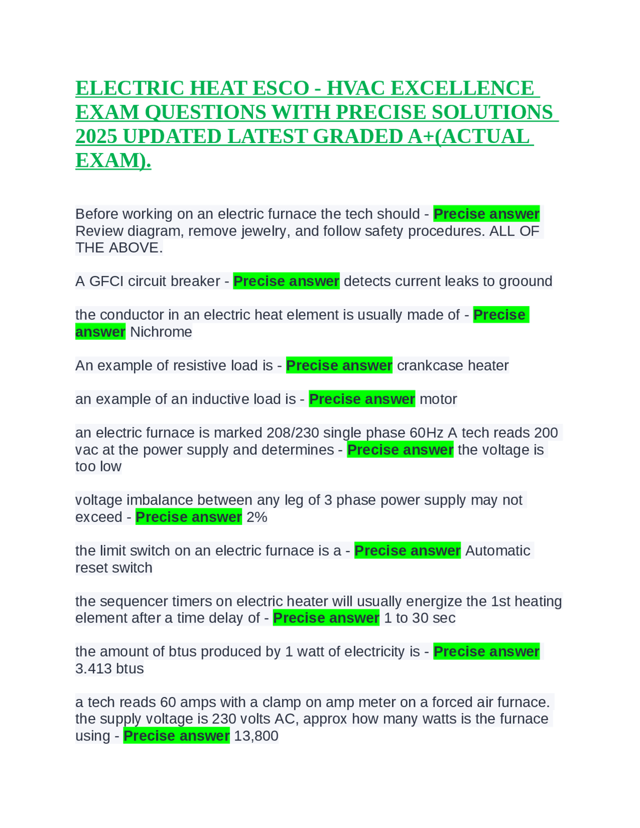 ELECTRIC HEAT ESCO - HVAC EXCELLENCE EXAM QUESTIONS WITH PRECISE ...