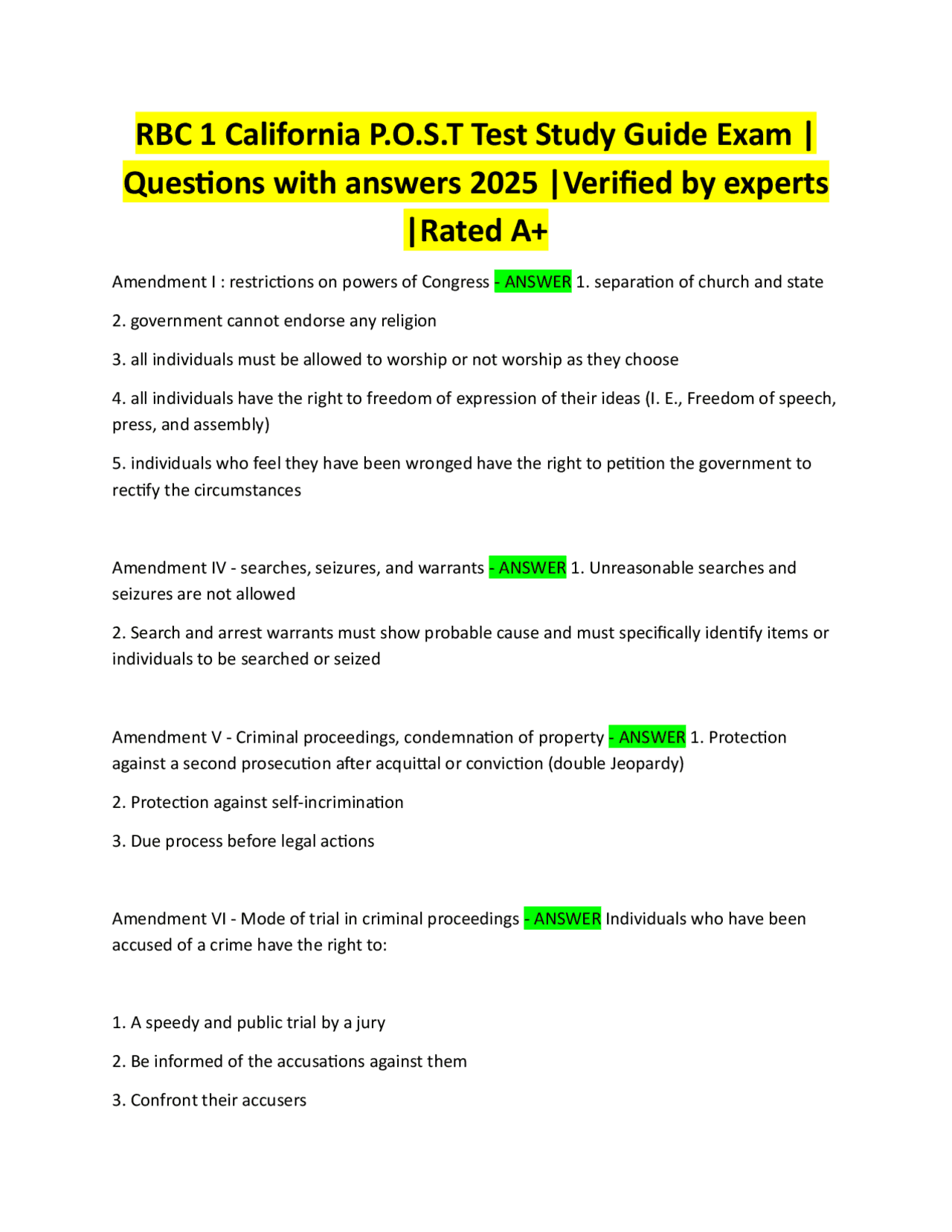 RBC 1 California P.O.S.T Test Study Guide Exam | Questions with answers ...