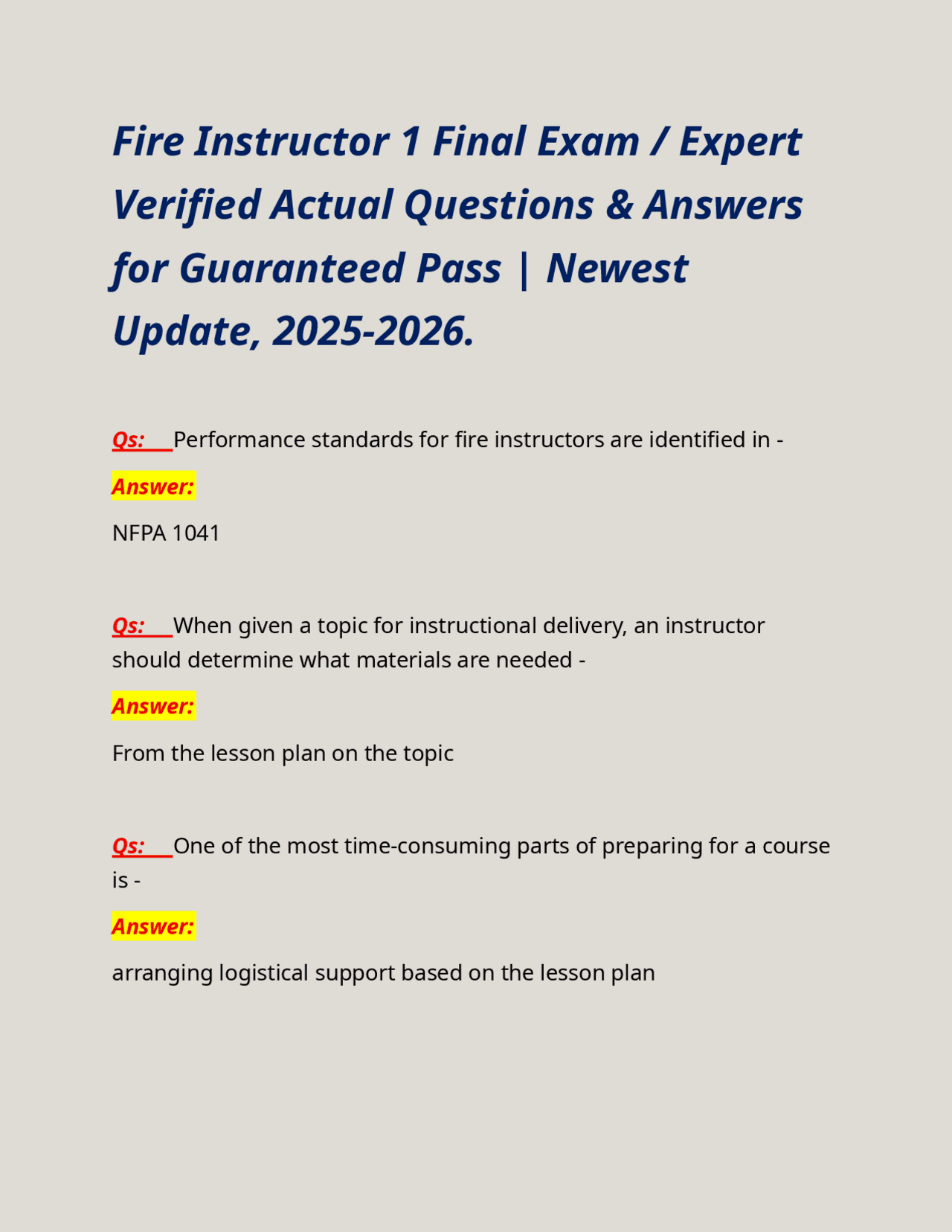 Fire Instructor 1 Final Exam / Expert Verified Actual Questions ...