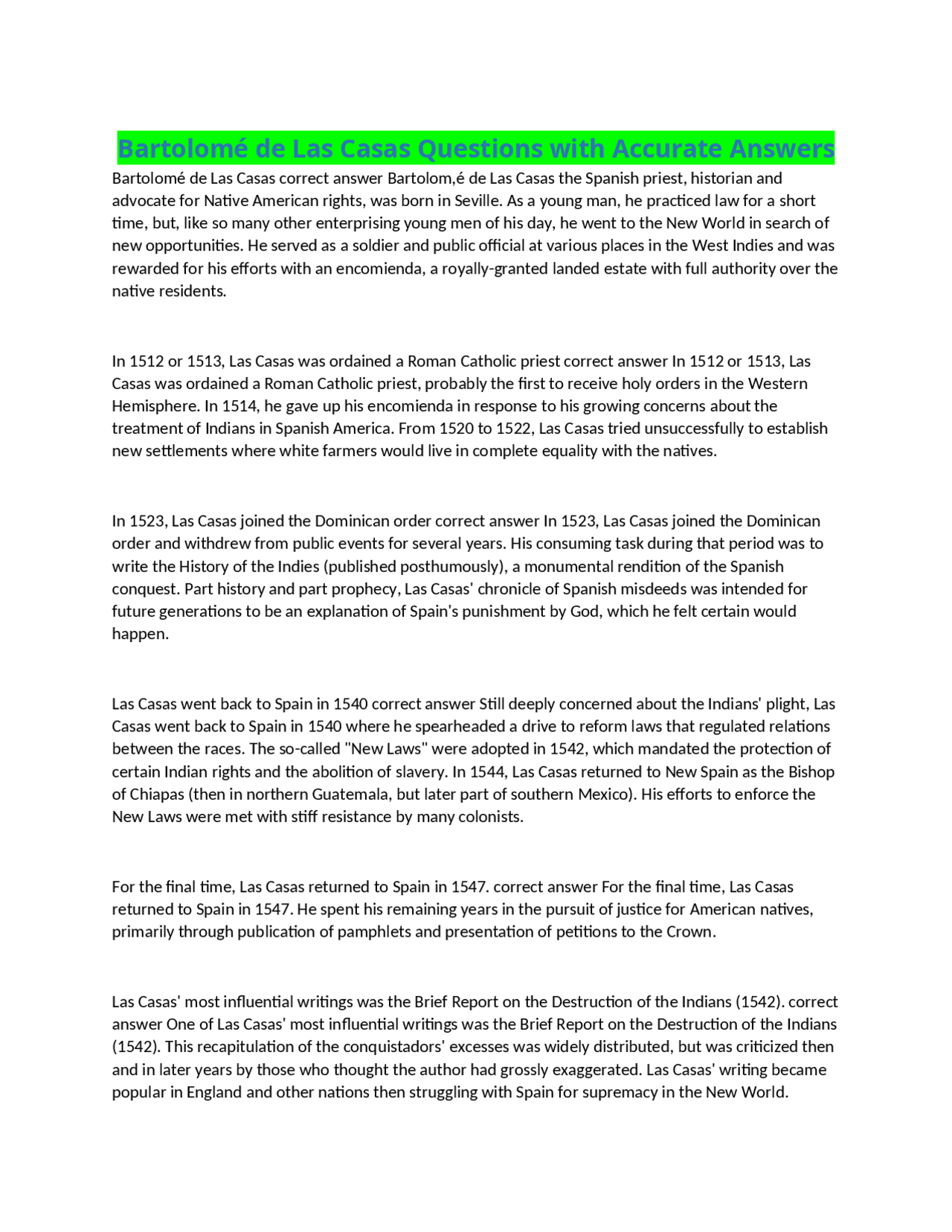 Bartolomé de Las Casas Questions with Accurate Answers | Exams Latin ...