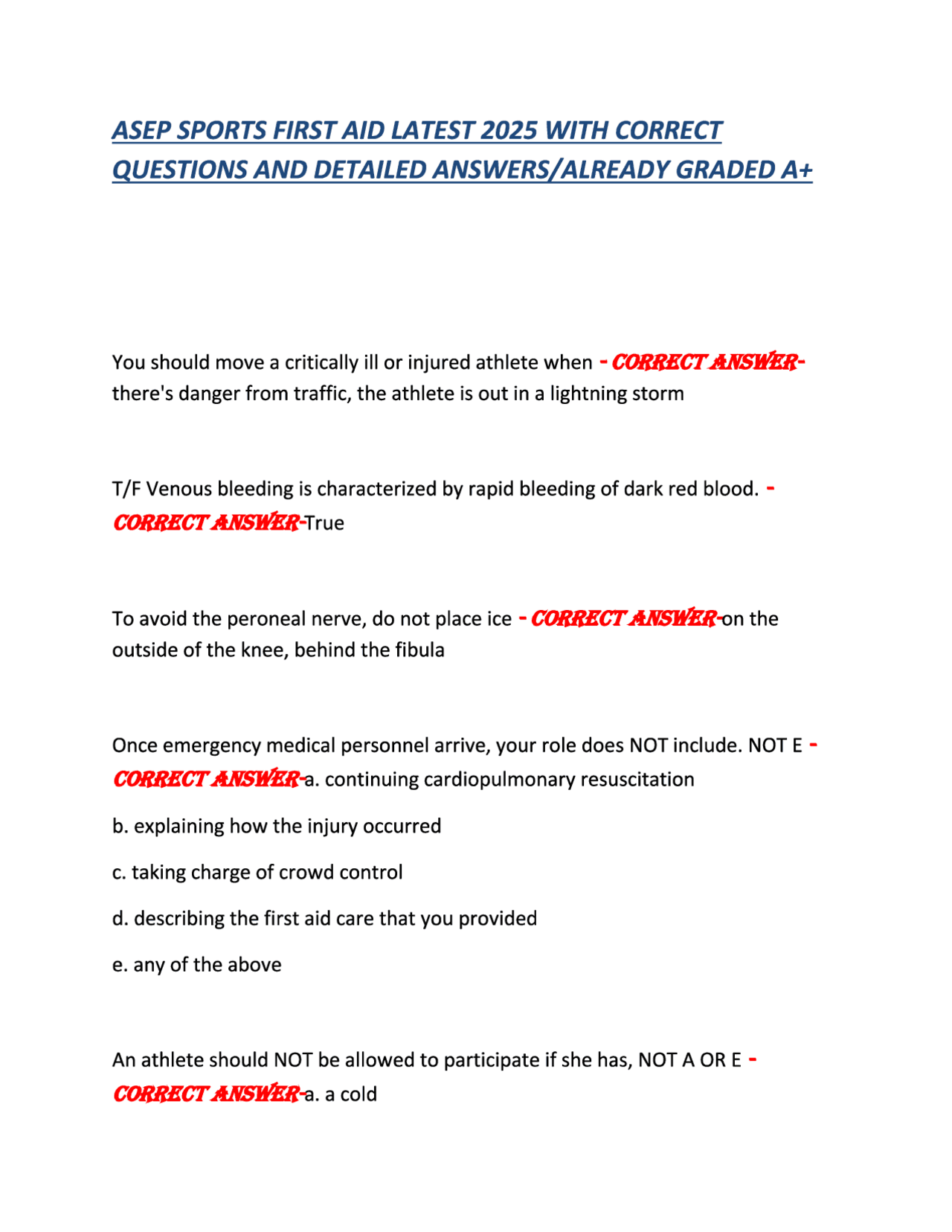 Asep sports first aid latest 2025 with correct questions and detailed ...
