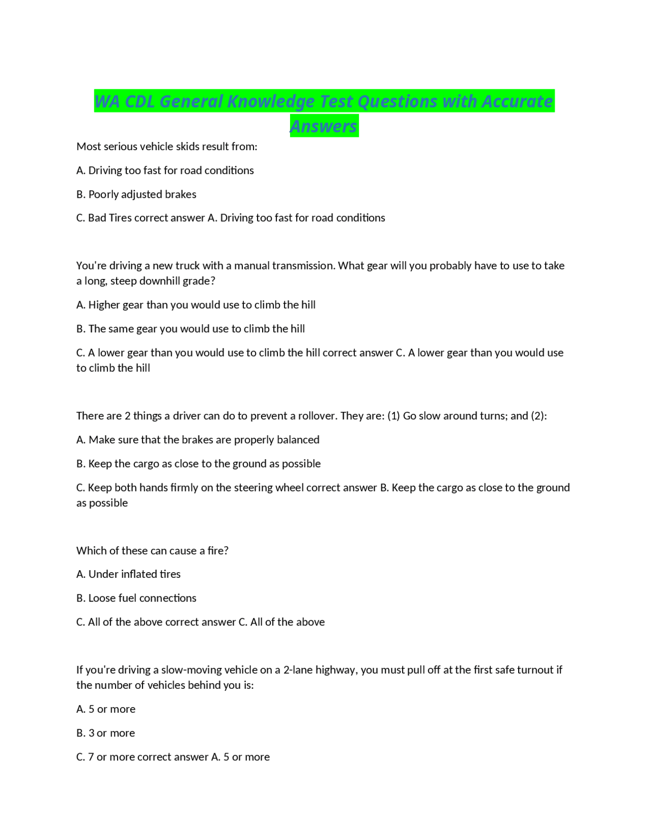 WA CDL General Knowledge Test Questions with Accurate Answers | Exams ...