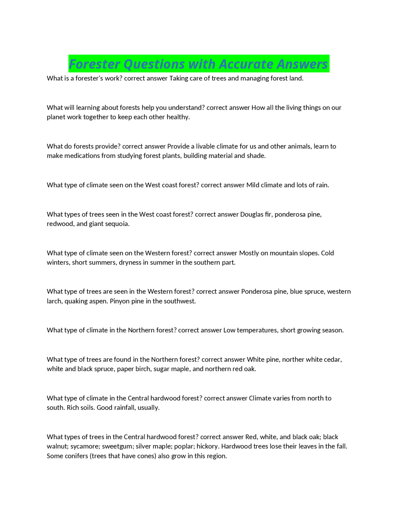 Forester Questions with Accurate Answers | Exams Forestry | Docsity