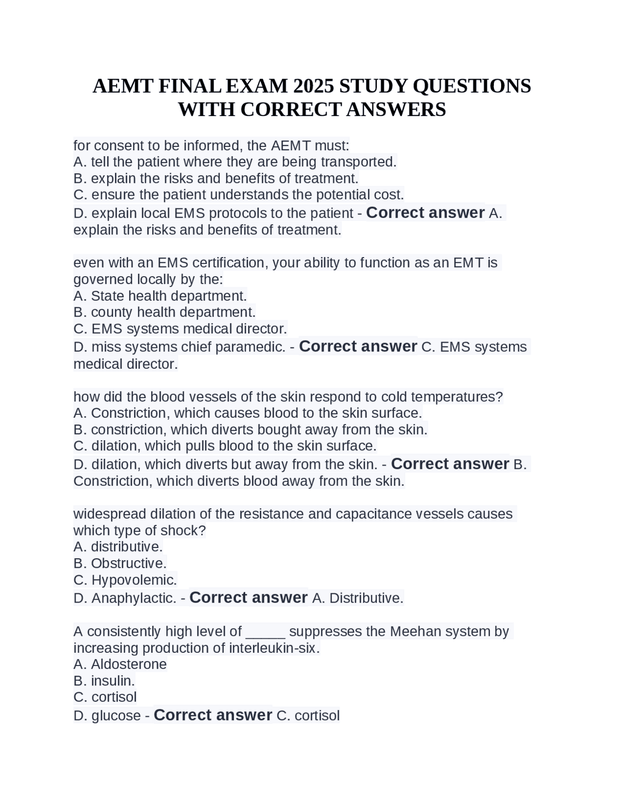 AEMT FINAL EXAM 2025 STUDY QUESTIONS WITH CORRECT ANSWERS | Exams Nursing | Docsity