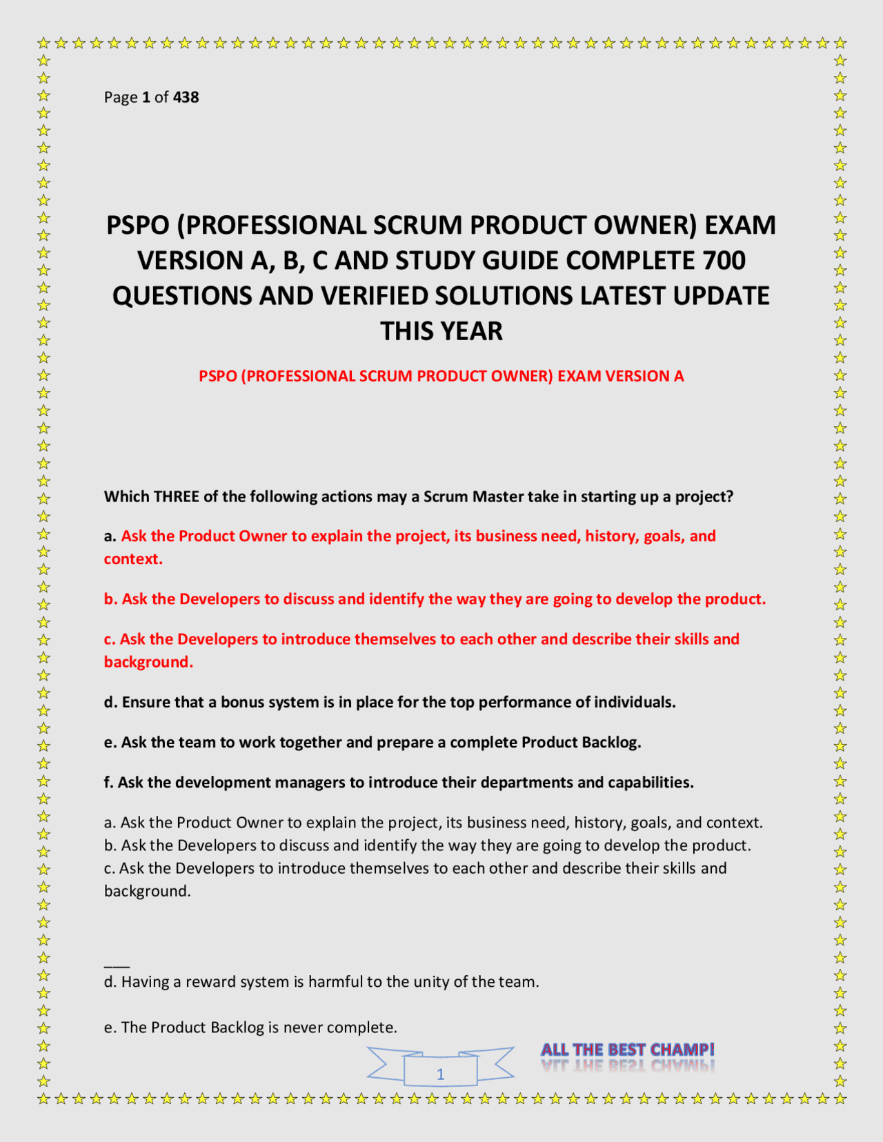 PSPO (PROFESSIONAL SCRUM PRODUCT OWNER) EXAM VERSION A, B, C AND STUDY ...