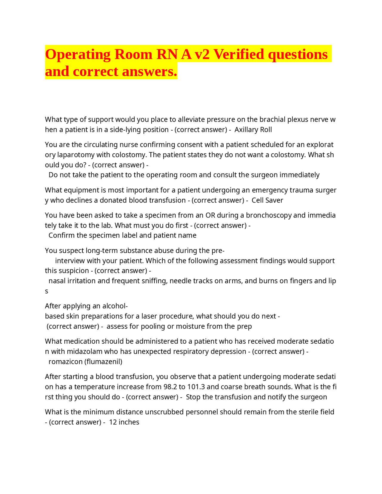 Operating Room RN A v2 Verified questions and correct answers.docx ...