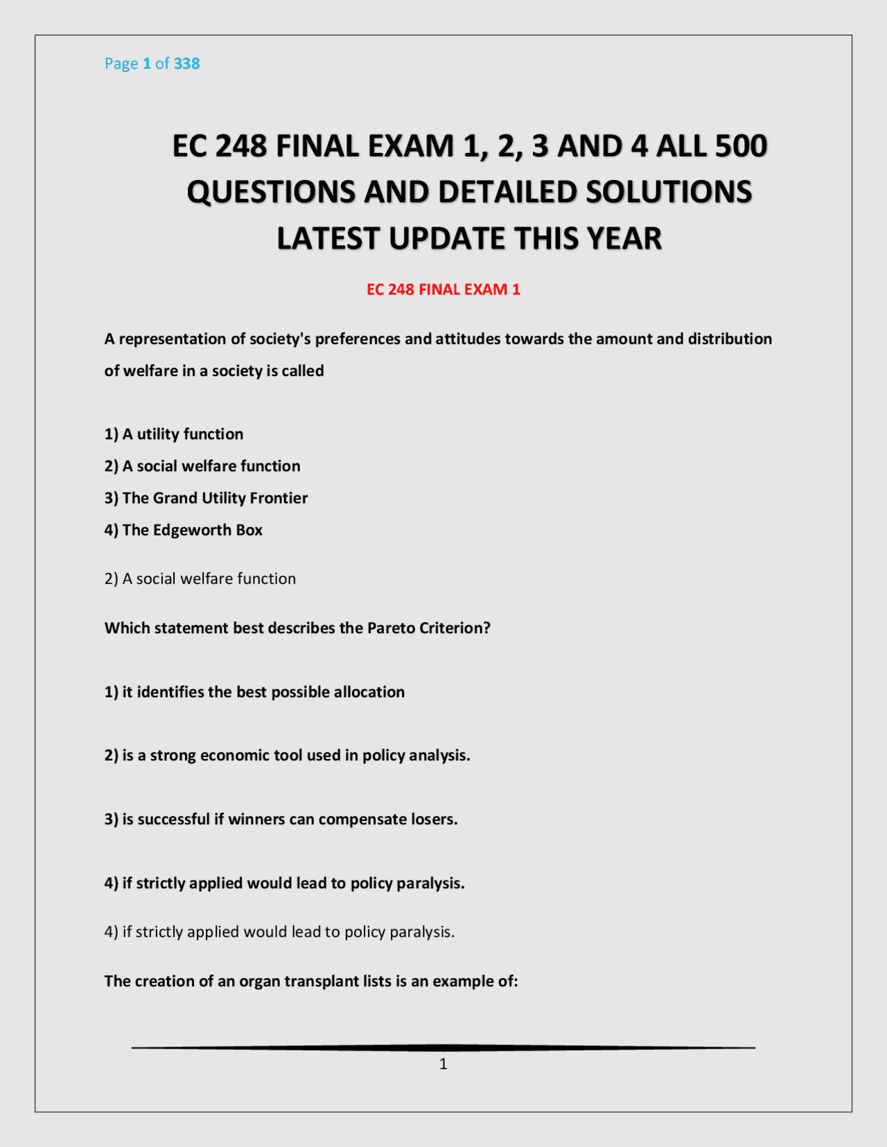 EC 248 FINAL EXAM 1, 2, 3 AND 4 ALL 500 QUESTIONS AND DETAILED ...