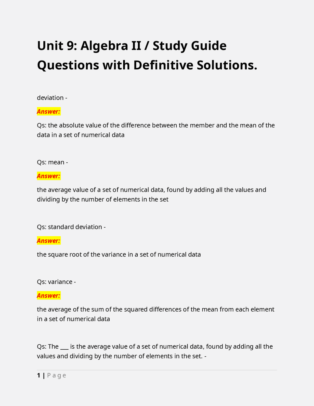 Unit 9: Algebra II / Study Guide Questions with Definitive Solutions ...