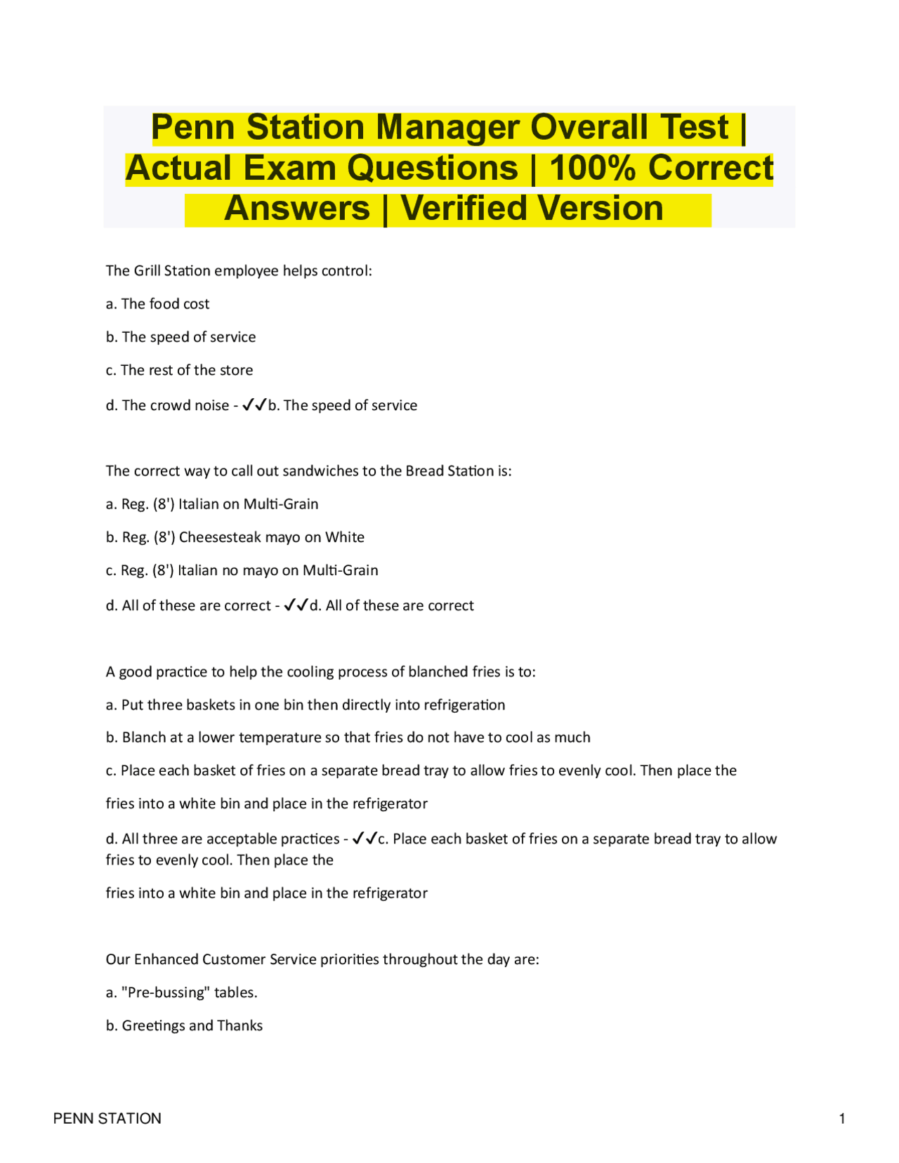 Penn Station Manager Overall Test | Actual Exam Questions | 100% ...