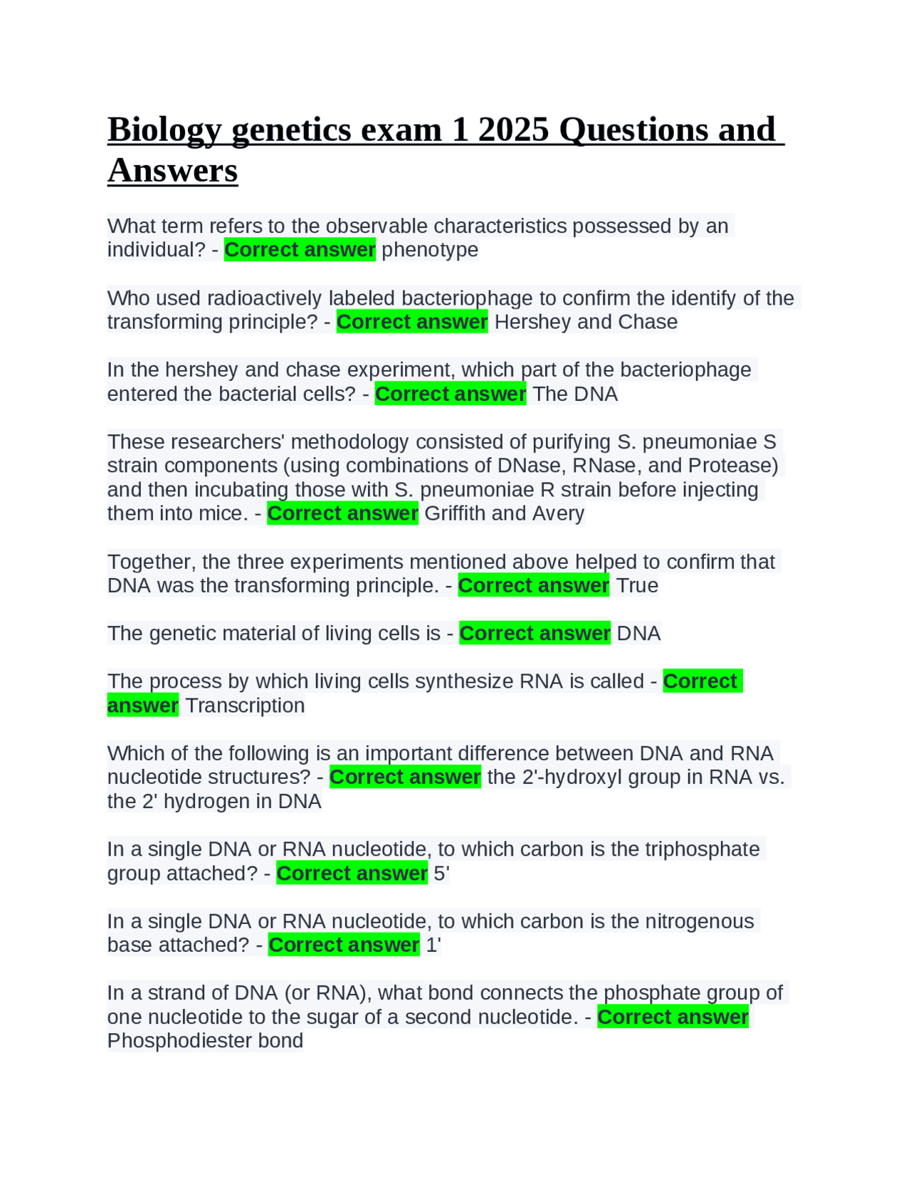 Genetics Exam Questions and Answers: DNA, RNA, and Molecular Biology | Exams Nursing | Docsity