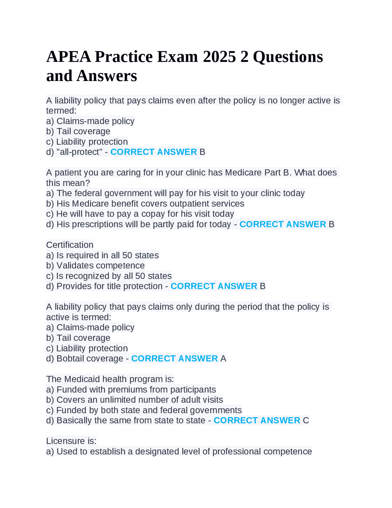 APEA Practice Exam 2025 2 Questions and Answers | Exams Nursing | Docsity
