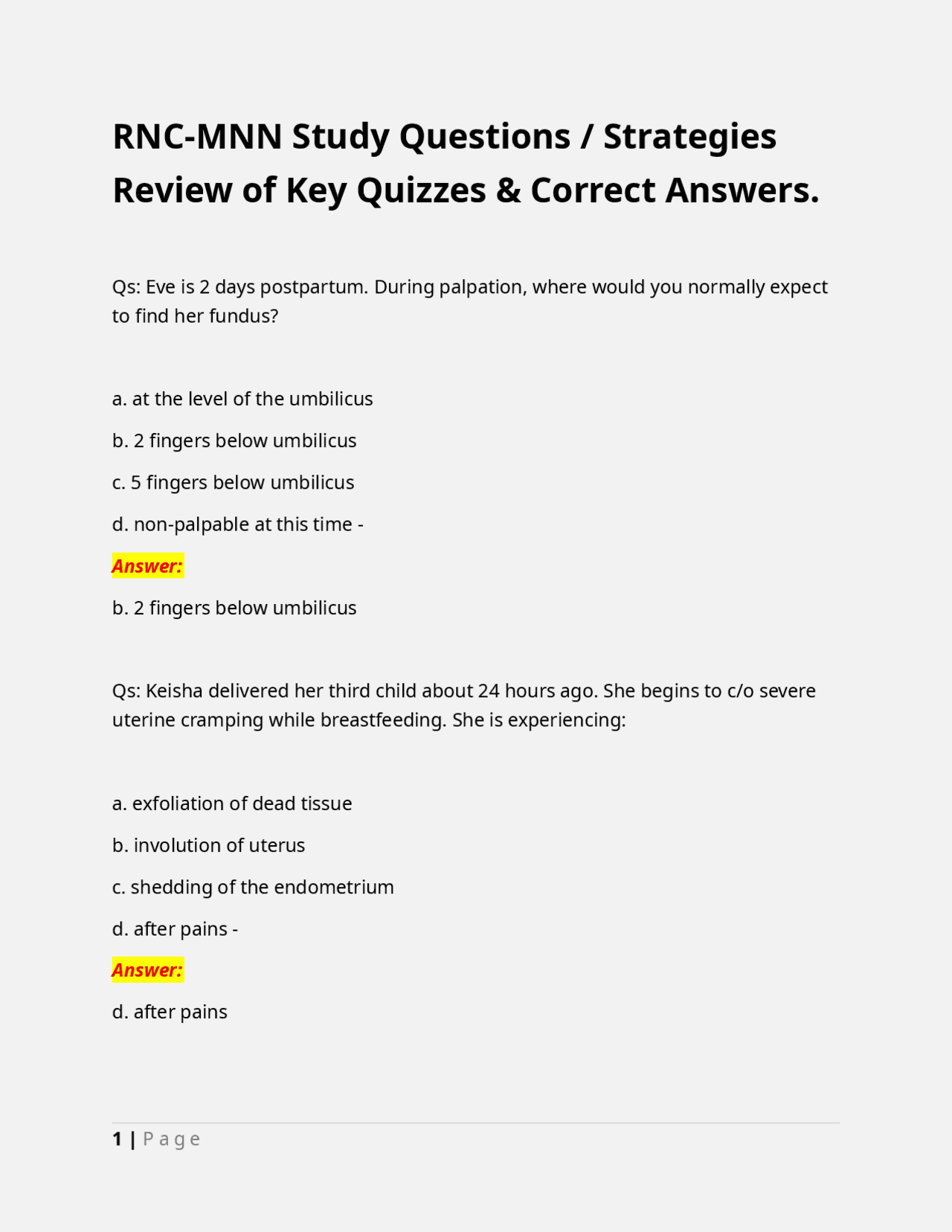 RNC-MNN Study Questions / Strategies Review of Key Quizzes & Correct ...
