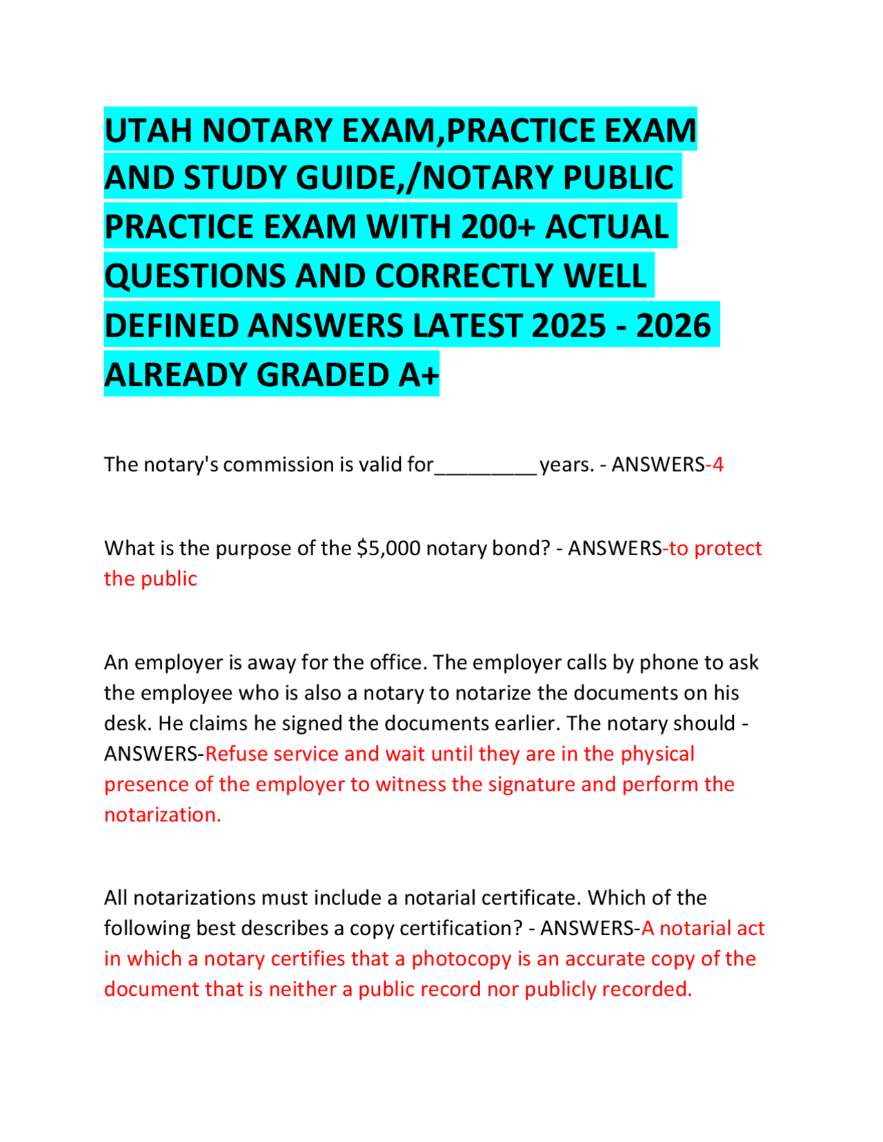 UTAH NOTARY EXAM,PRACTICE EXAM AND STUDY GUIDE,/NOTARY PUBLIC PRACTICE ...