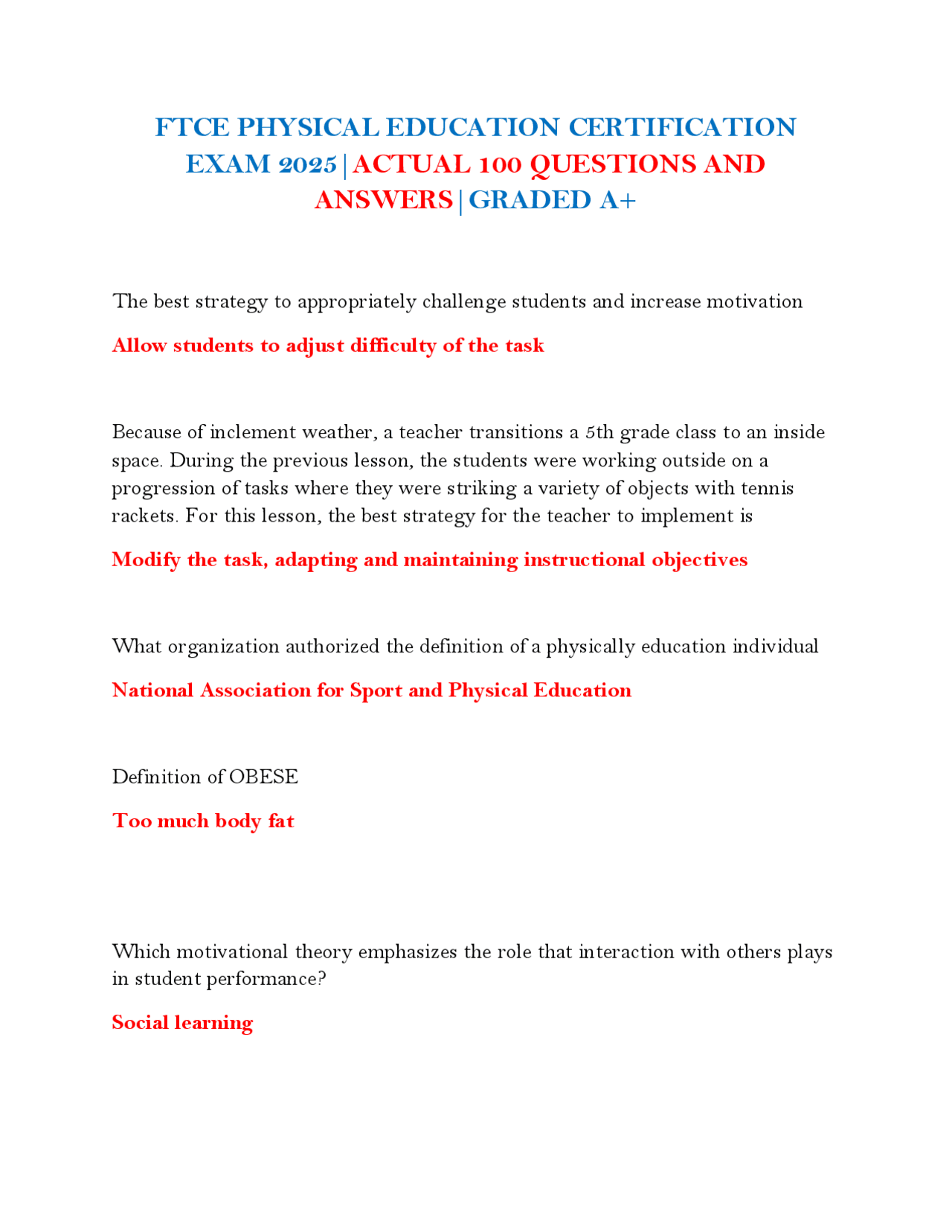 FTCE PHYSICAL EDUCATION CERTIFICATION EXAM 2025|ACTUAL 100 QUESTIONS ...