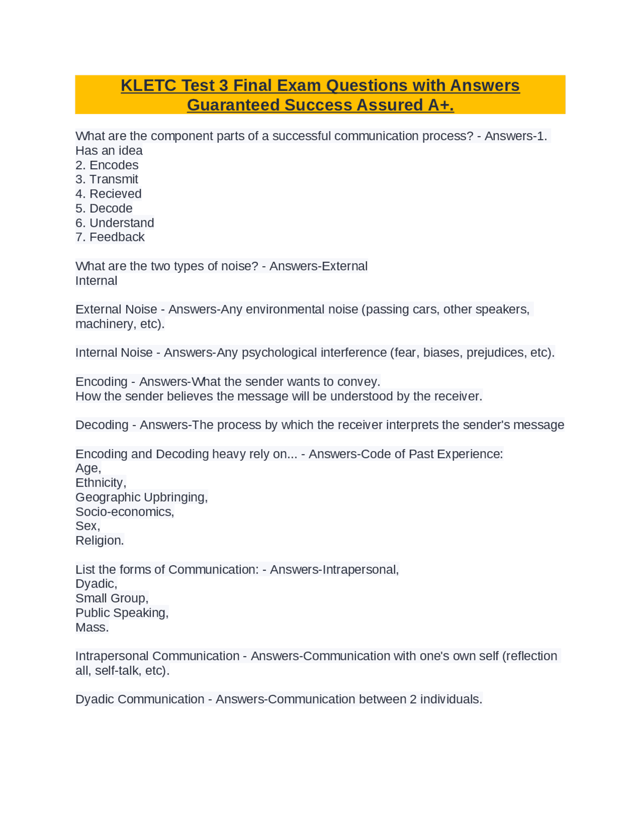 KLETC Test 3 Final Exam Questions with Answers Guaranteed Success ...