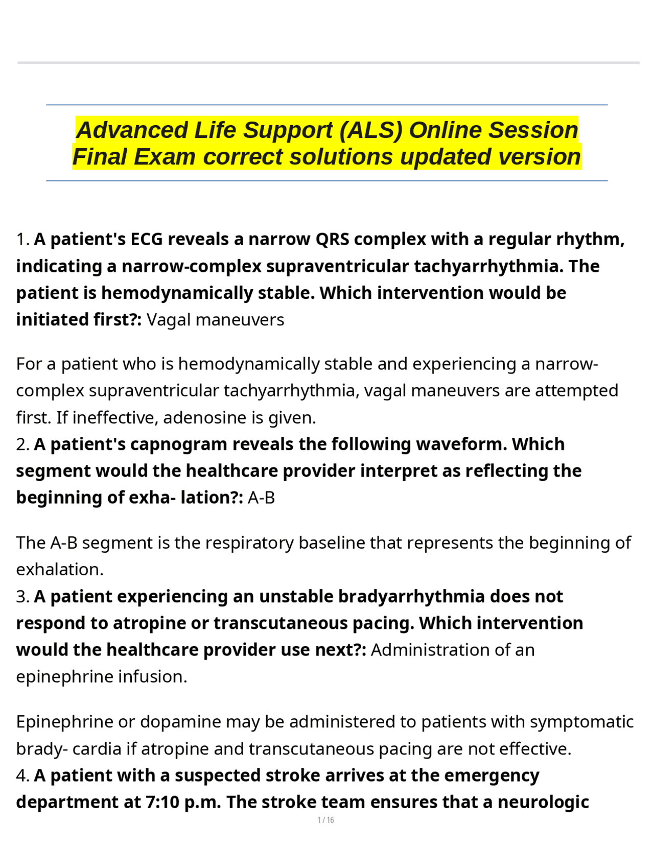 Advanced Life Support (ALS) Online Session Final Exam correct solutions ...