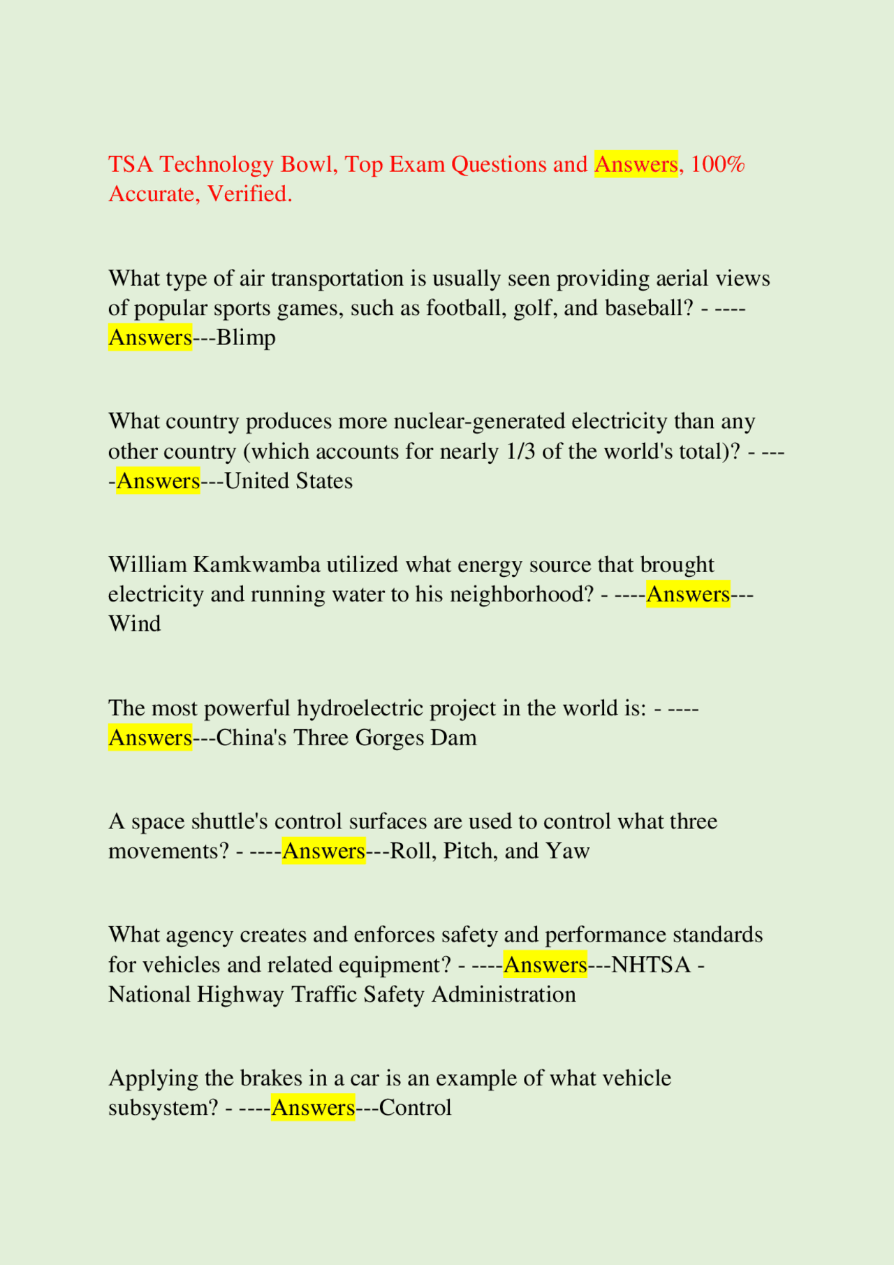 TSA Technology Bowl, Top Exam Questions and Answers, 100% Accurate ...