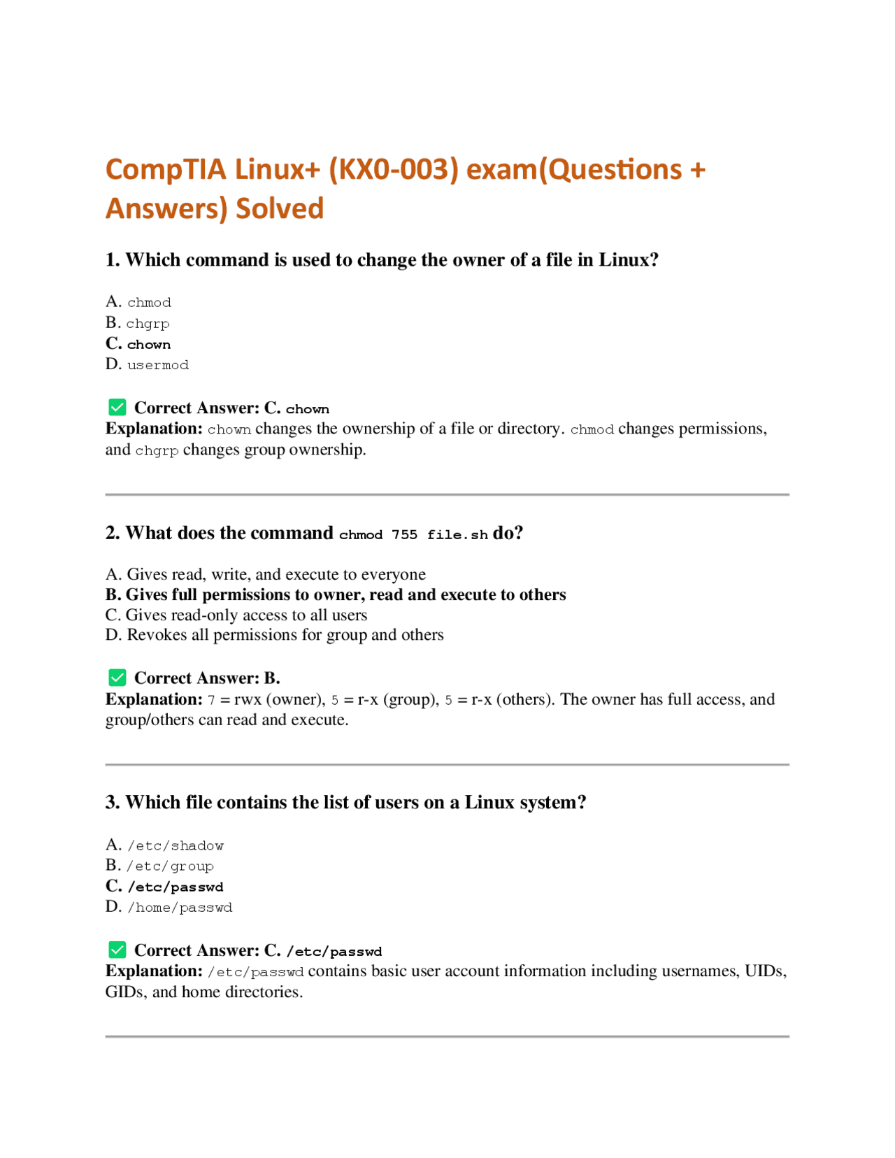 CompTIA Linux+ (KX0-003) exam(Questions + Answers) Solved | Exams ...