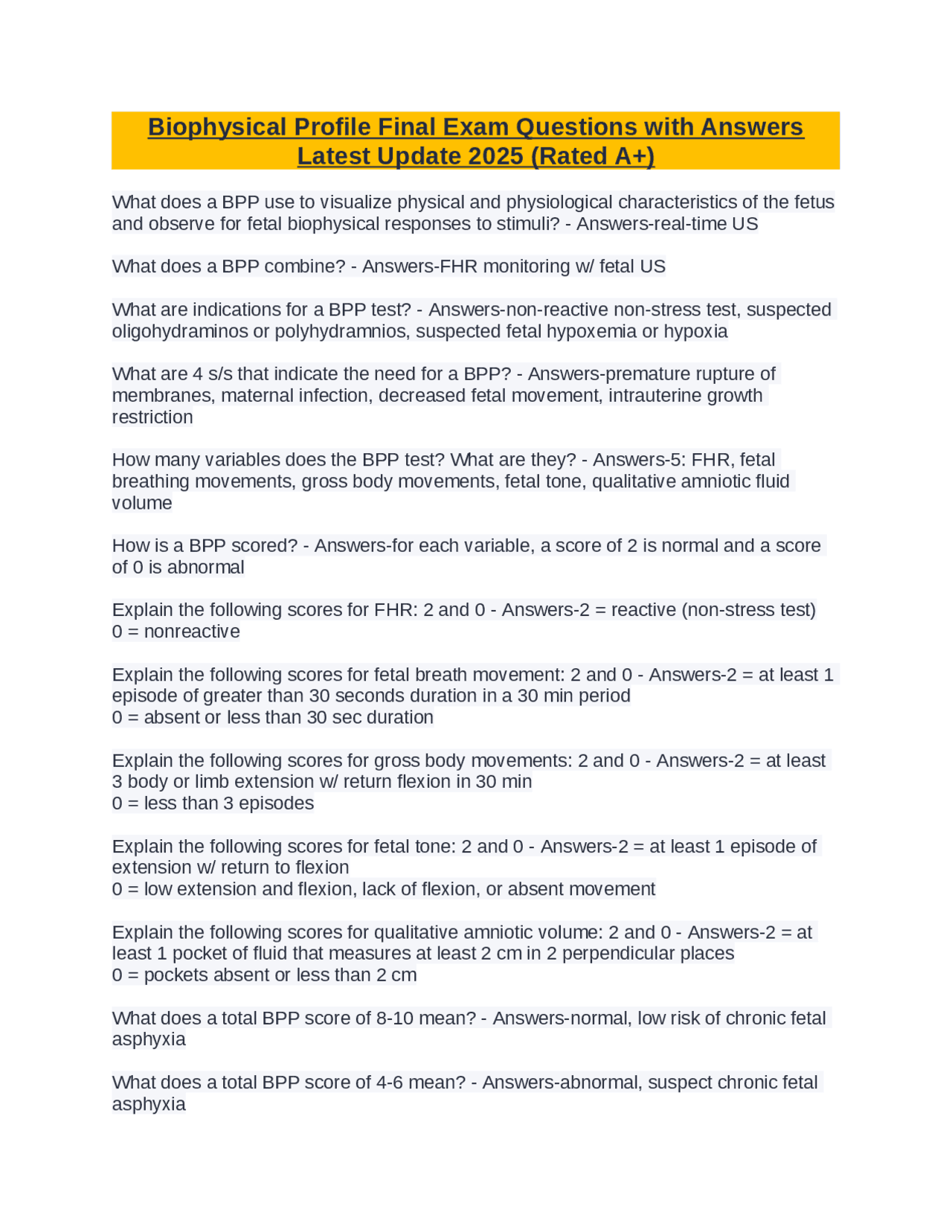 Biophysical Profile Final Exam Questions with Answers Latest Update ...