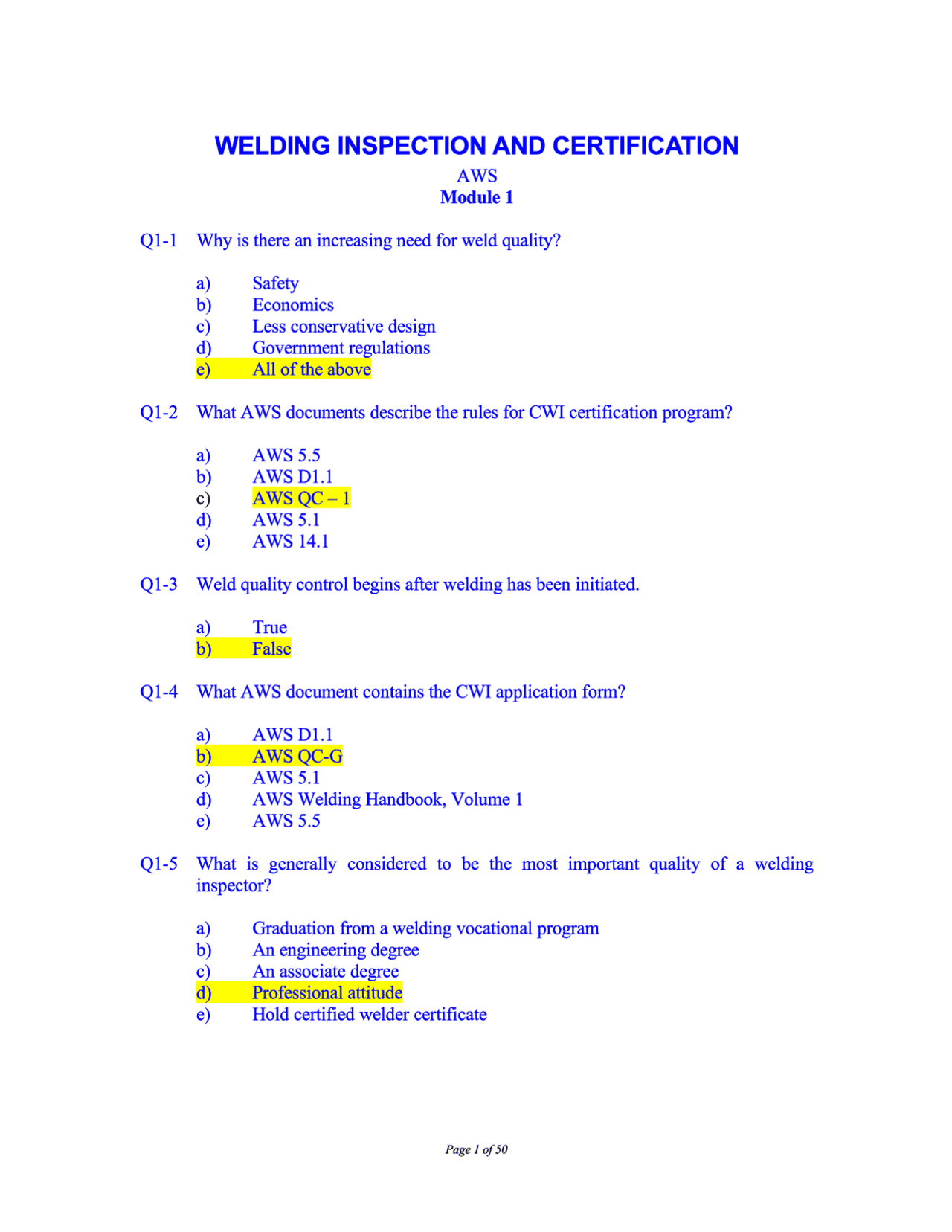 CWB Welding Inspector Level 1 Exam (Latest 2023/ 2024 Update) Questions ...