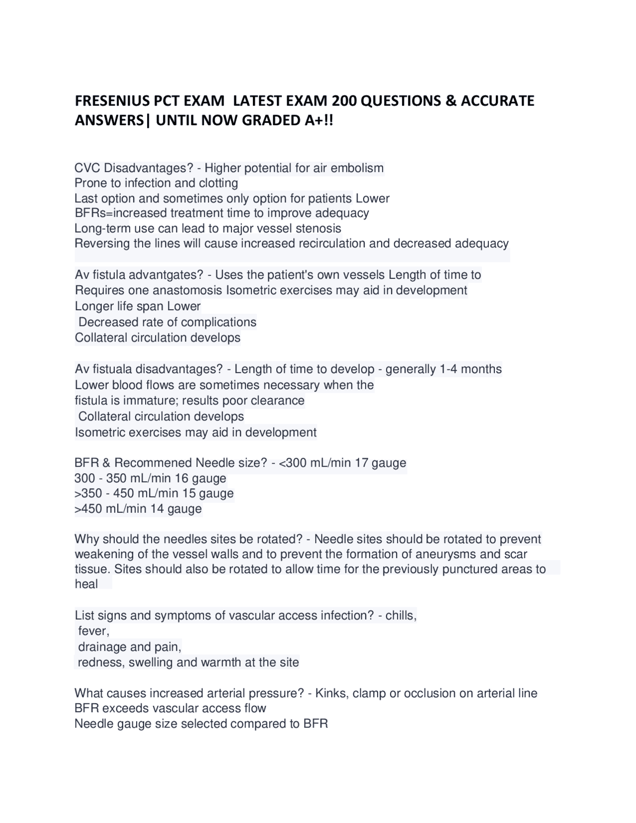 FRESENIUS PCT EXAM LATEST EXAM 200 QUESTIONS & ACCURATE ANSWERS| UNTIL ...