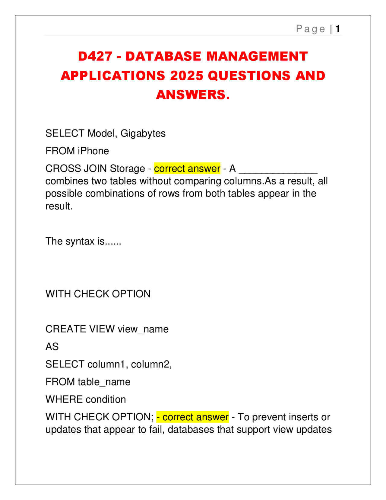 D427 - DATABASE MANAGEMENT APPLICATIONS 2025 QUESTIONS AND ANSWERS. | Exams Database Management ...