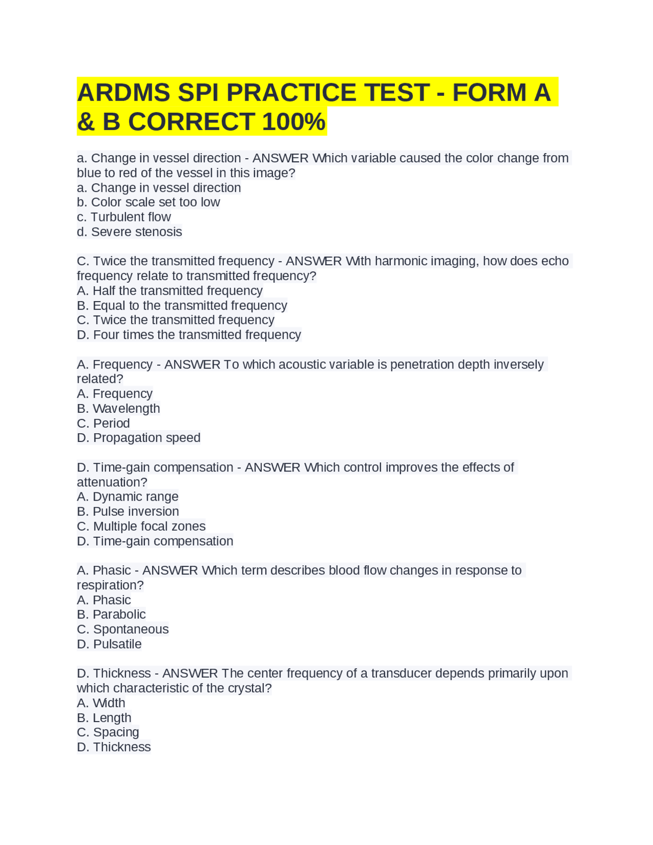 ARDMS SPI Ultrasound Physics Practice Questions and Answers | Exams ...