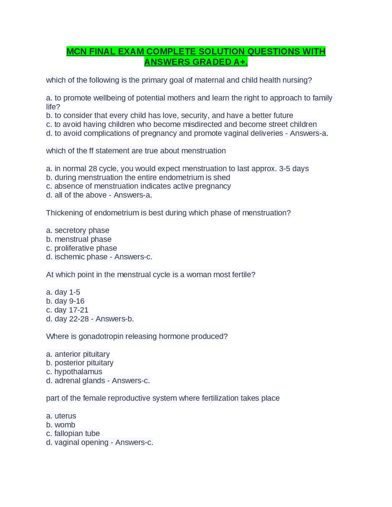 MCN FINAL EXAM COMPLETE SOLUTION QUESTIONS WITH ANSWERS GRADED A+. | Exams Nursing | Docsity