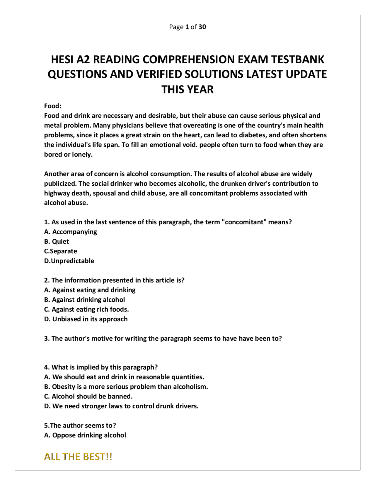 HESI A2 READING COMPREHENSION EXAM TESTBANK QUESTIONS AND VERIFIED ...