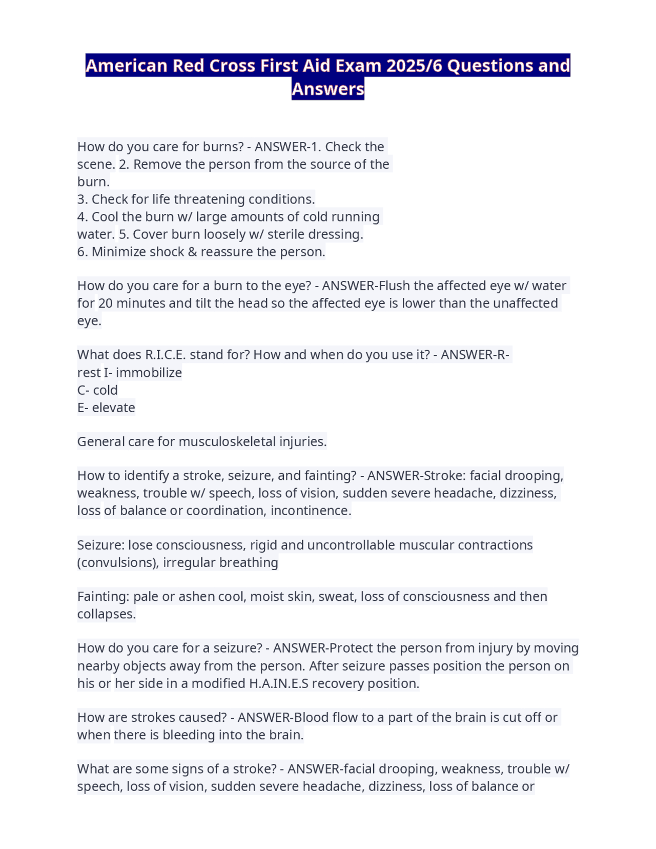 American Red Cross First Aid Exam 2025/6 Questions and Answers | Exams ...