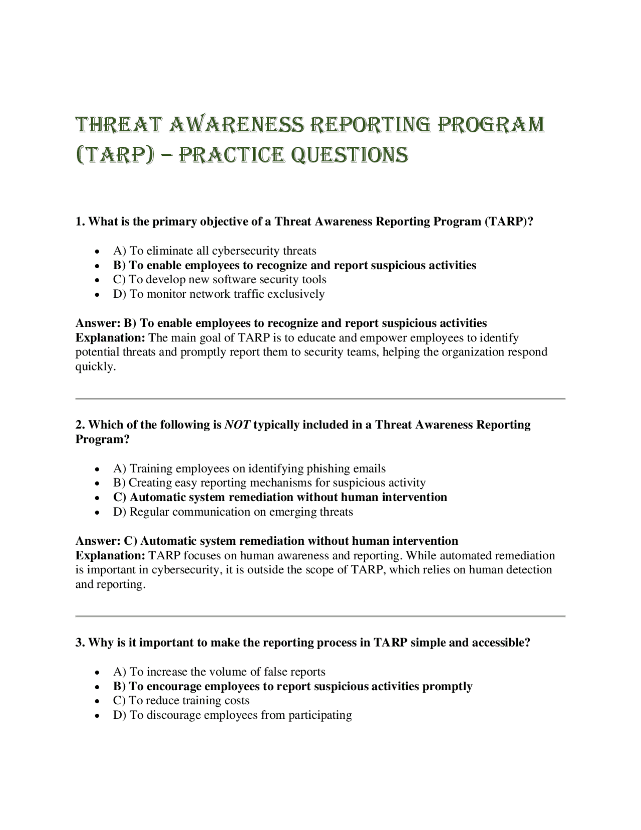 ThreaT awareness reporTing program (Tarp) – pracTice QuesTions | Exams ...