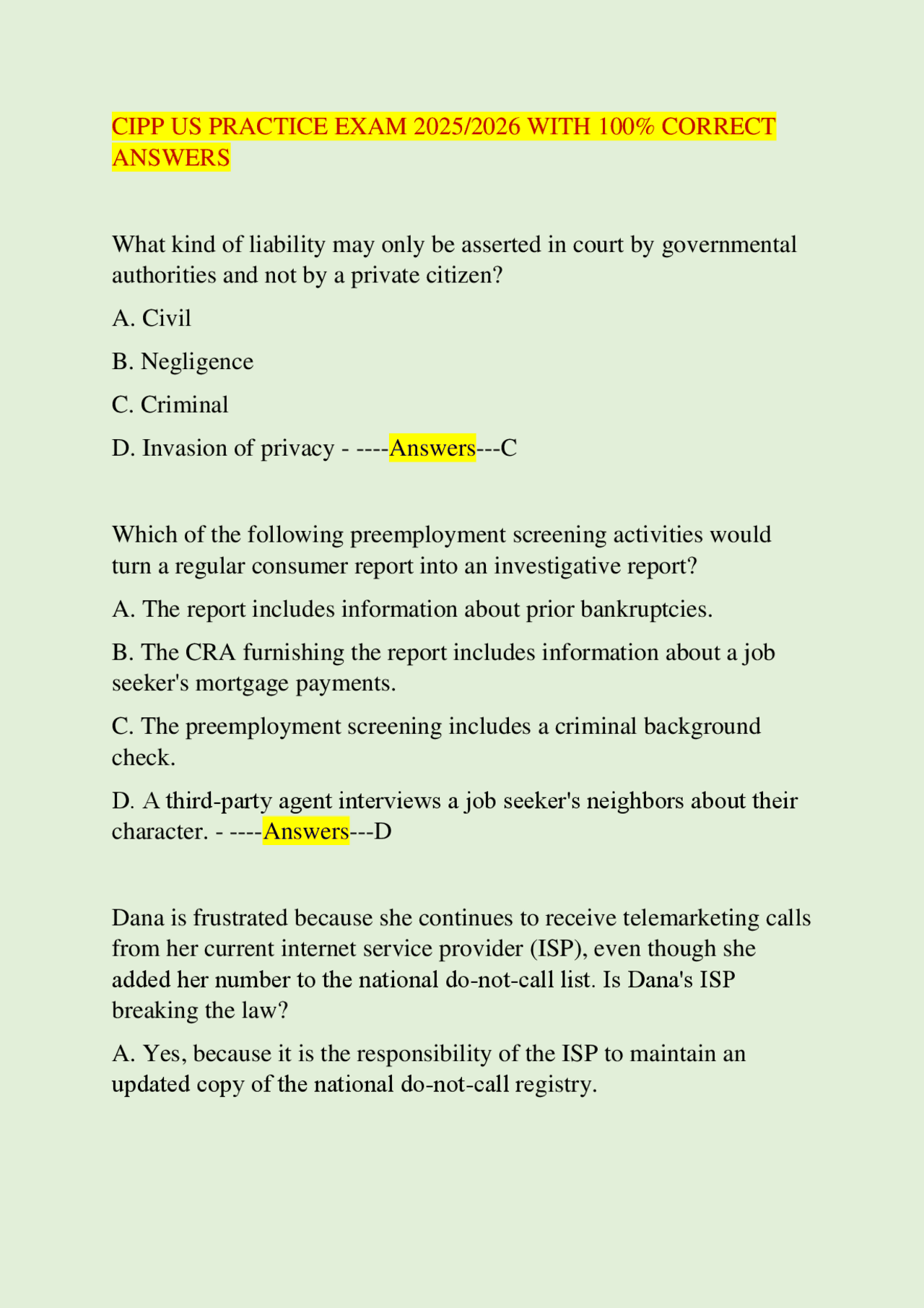 CIPP US Practice Exam 2025/2026: Questions and Answers | Exams Law ...