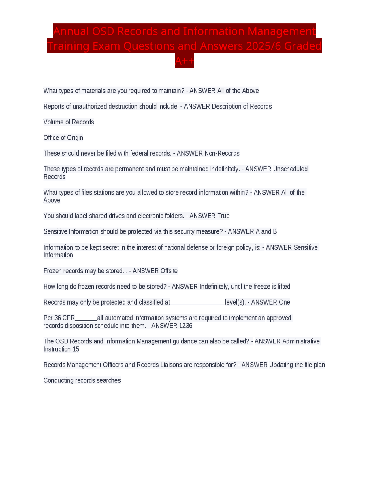 Annual OSD Records and Information Management Training Exam Questions ...