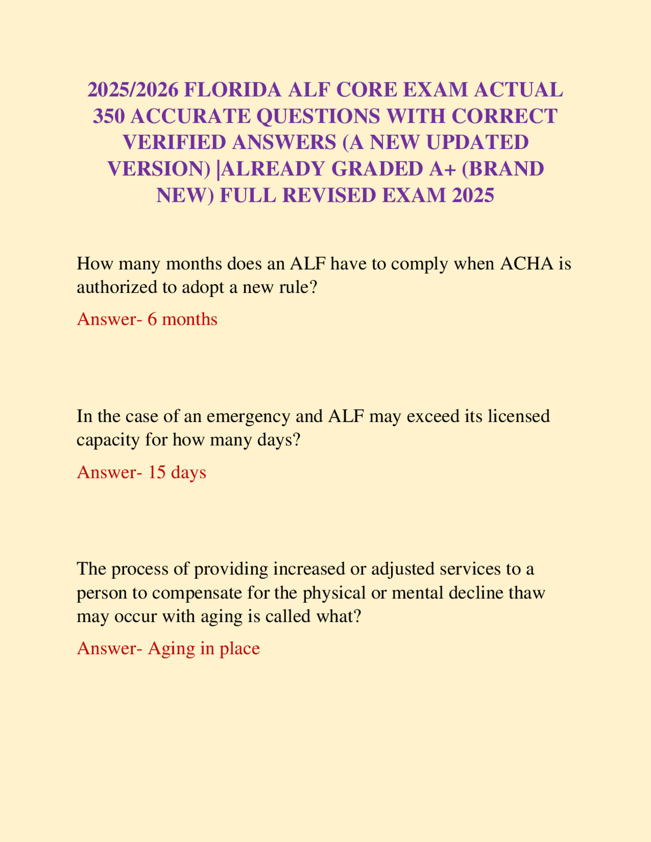 2025/2026 FLORIDA ALF CORE EXAM ACTUAL 350 ACCURATE QUESTIONS WITH ...