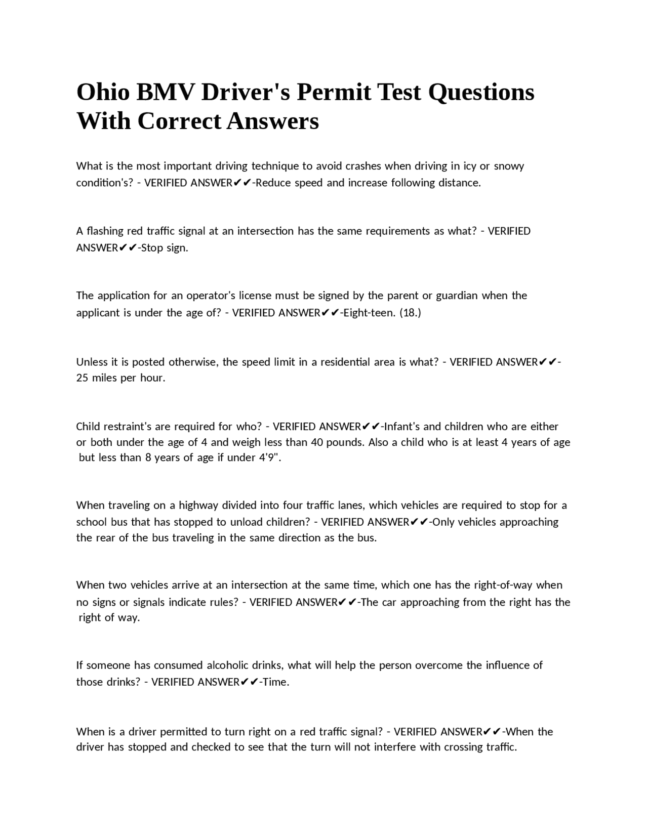Ohio BMV Driver's Permit Test Questions With Correct Answers. | Exams ...