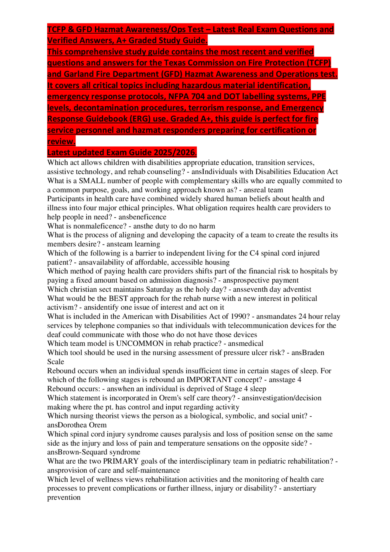 TCFP & GFD Hazmat Awareness/Ops Test – Latest Real Exam Questions and ...