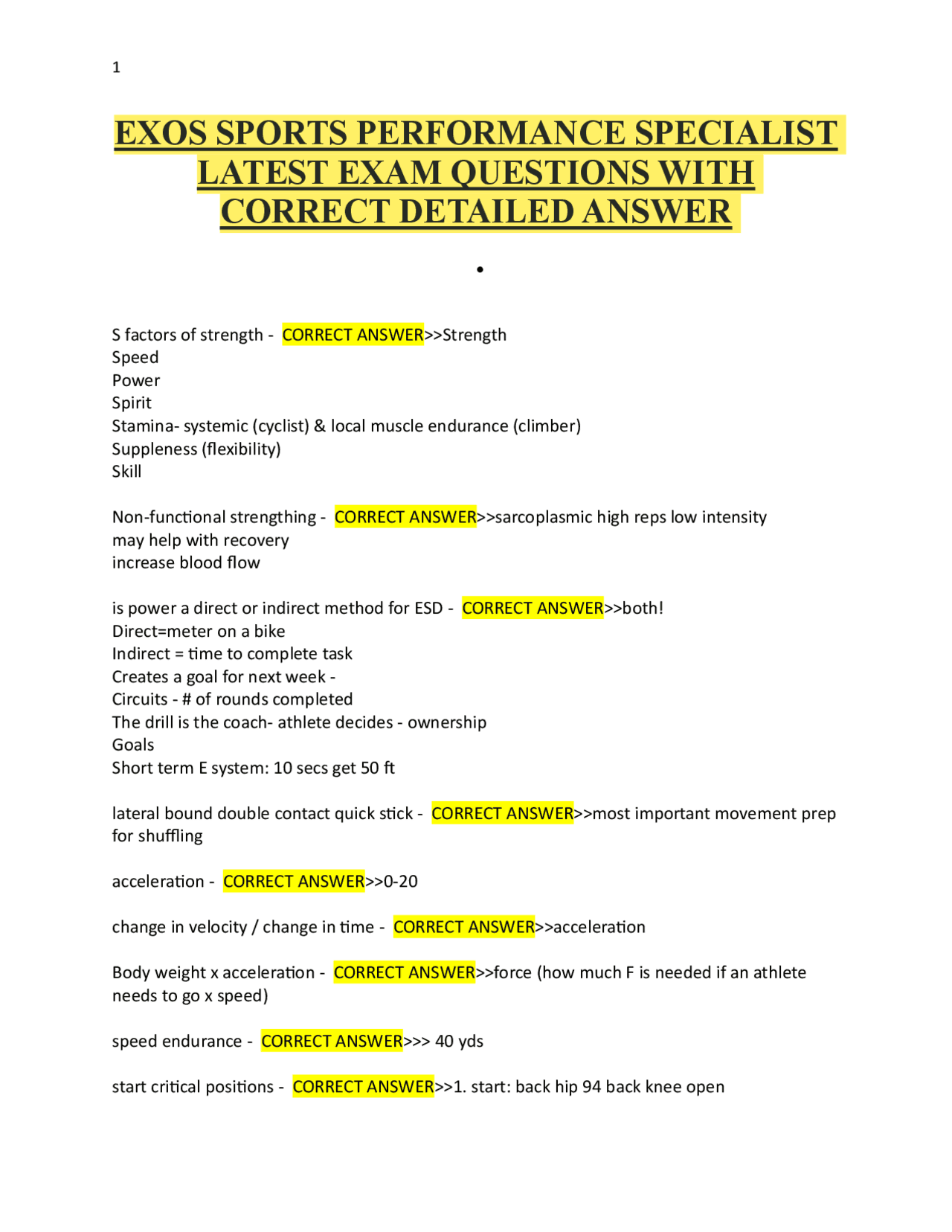 EXOS SPORTS PERFORMANCE SPECIALIST LATEST EXAM QUESTIONS WITH CORRECT ...