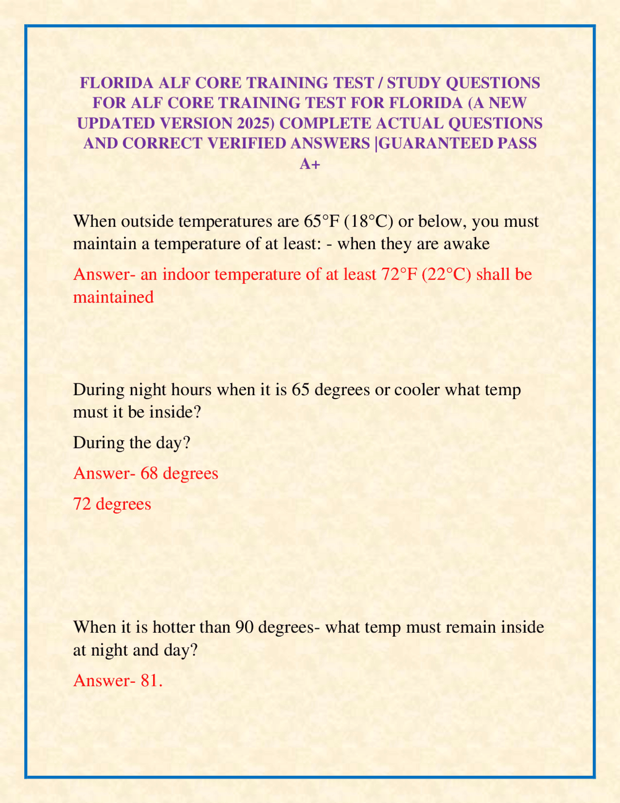 FLORIDA ALF CORE TRAINING TEST / STUDY QUESTIONS FOR ALF CORE TRAINING ...