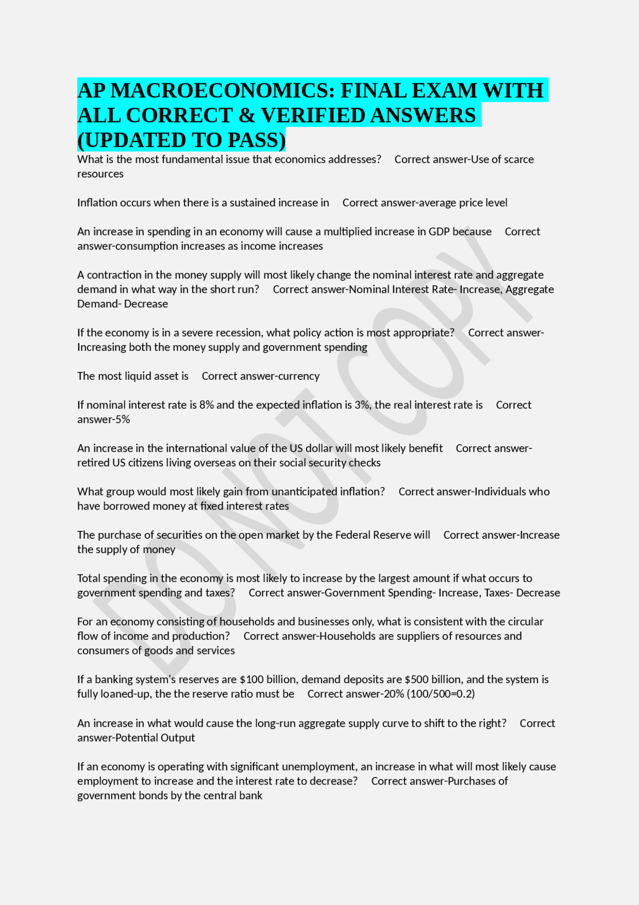 AP MACROECONOMICS: FINAL EXAM WITH ALL CORRECT & VERIFIED ANSWERS ...